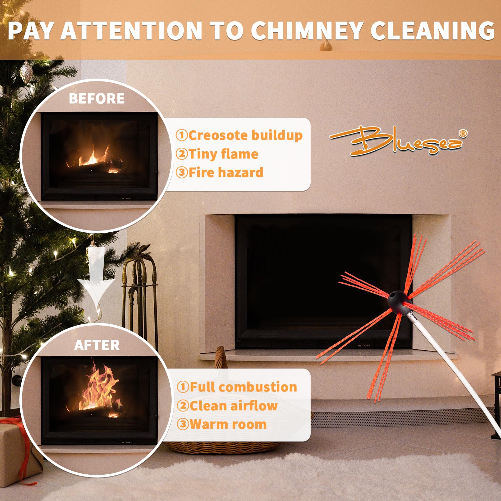 Bluesea 16 Feet Chimney Sweep Kit, Ergonomic Chimney Cleaning Kit, Extends Up to 16 Feet, Chimney Cleaner, Chimney Cleaning Tools, Chimney Cleaning System with Strong Brush, 5 Flexible Chimney Rods