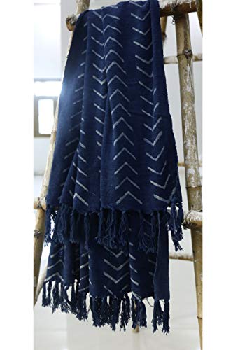 Trade Star 50 x 70 Inch Indigo Hand Block Printed Throw Blanket Boho Mudcloth Throw with Tassels Cozy Wrap Blanket Decorative Bed Throw (Pattern 7)