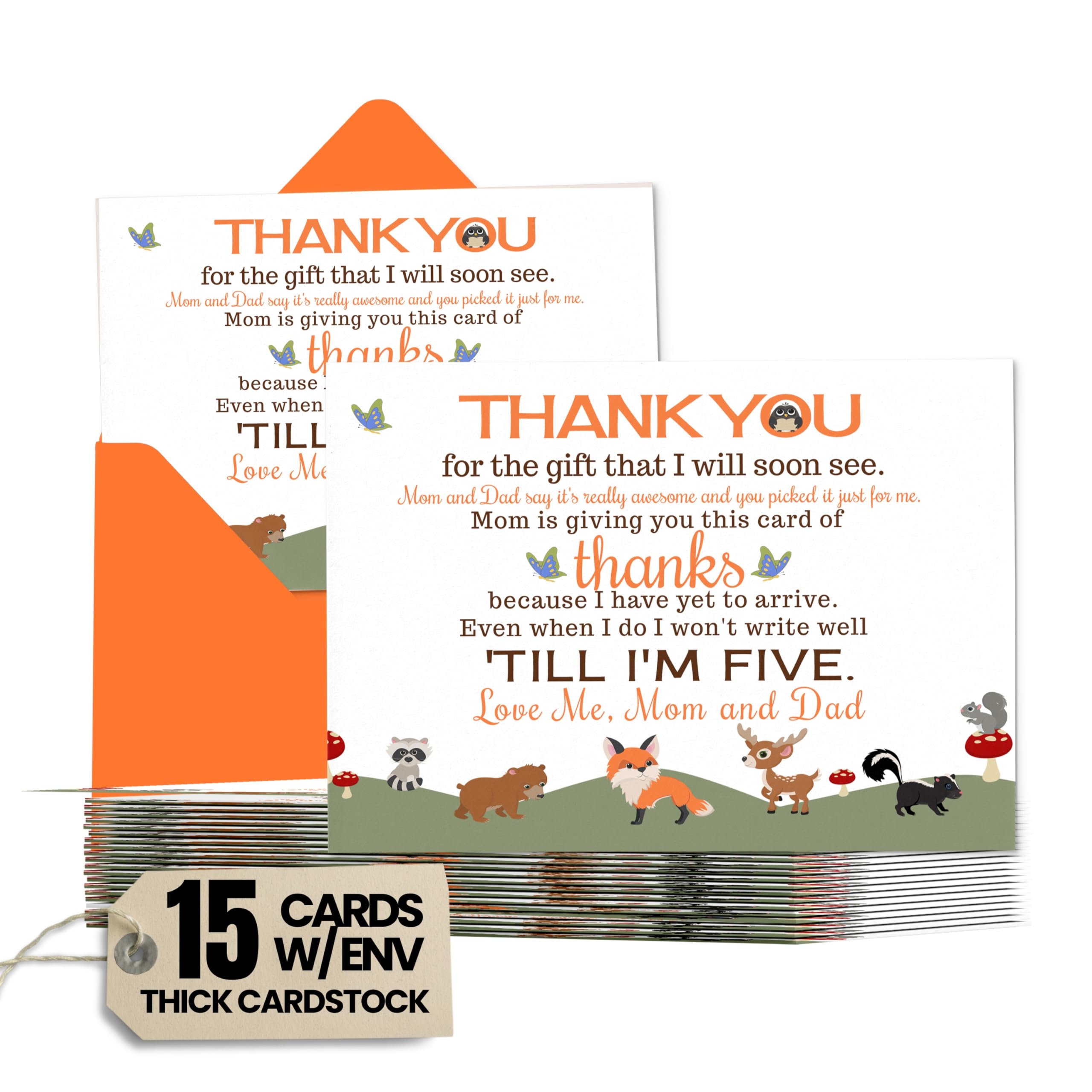 Paper Clever Party Woodland Baby Shower Thank You Cards with Envelopes Blank Notes Prefilled with Message Boys or Girls Personalize Notecards for Registry Gifts, Rustic 4x6 Stationery Set, 15 Pack