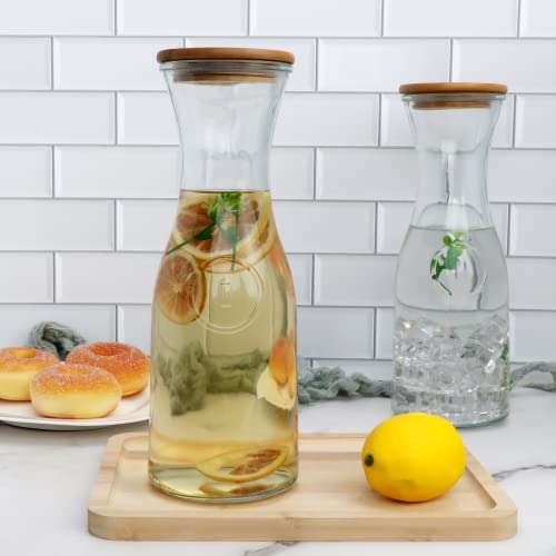Cadamada 35oz Glass Carafe,Glass Pitcther with Wooden Caps,Suitable for Wine,Fruit Tea,Drinks,Drinking Water,Home Kitchen,Bar Party,Wedding Scene(6pcs)