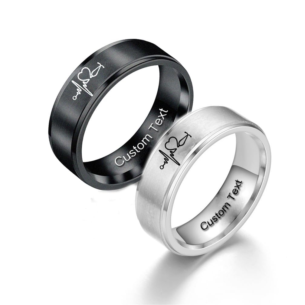 4EAELove ECG Dark Luminous Couple Rings Customize His Her Promise Heartbeat Glowing Rings Wedding Bands Titanium Stainless Steel Silver Golden (Silver-6mm/4mm, Custom)