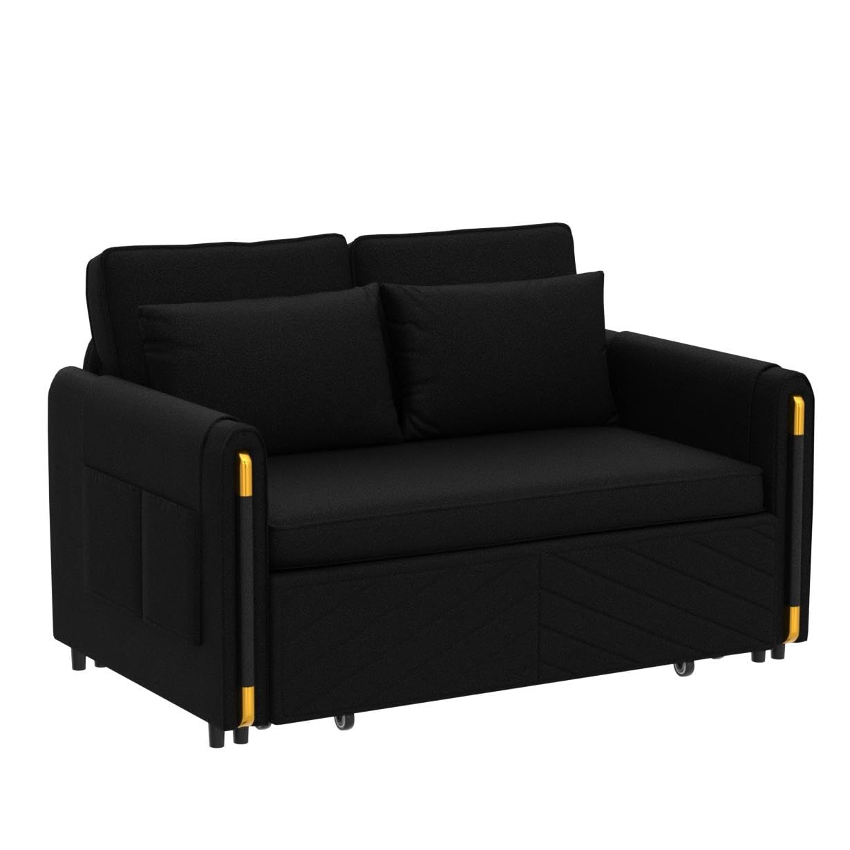 54" Pull-out Sofa Bed, 3 in 1 Linen Fabric Modern Convertible Sleeper Sofa 2-Seater Loveseats with Two Pillows and Arm Pockets for Living Room, Home, Office, Bedroom - Black