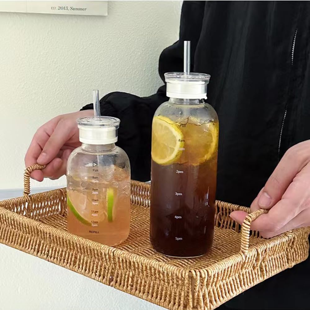 550ml Milk Juice Cute Water Bottle Portable Transparent Gray Water Cup Glass Bottles Creative Handy Cup with Scale Straw 2 Lids Aesthetic Cute Water Bottles