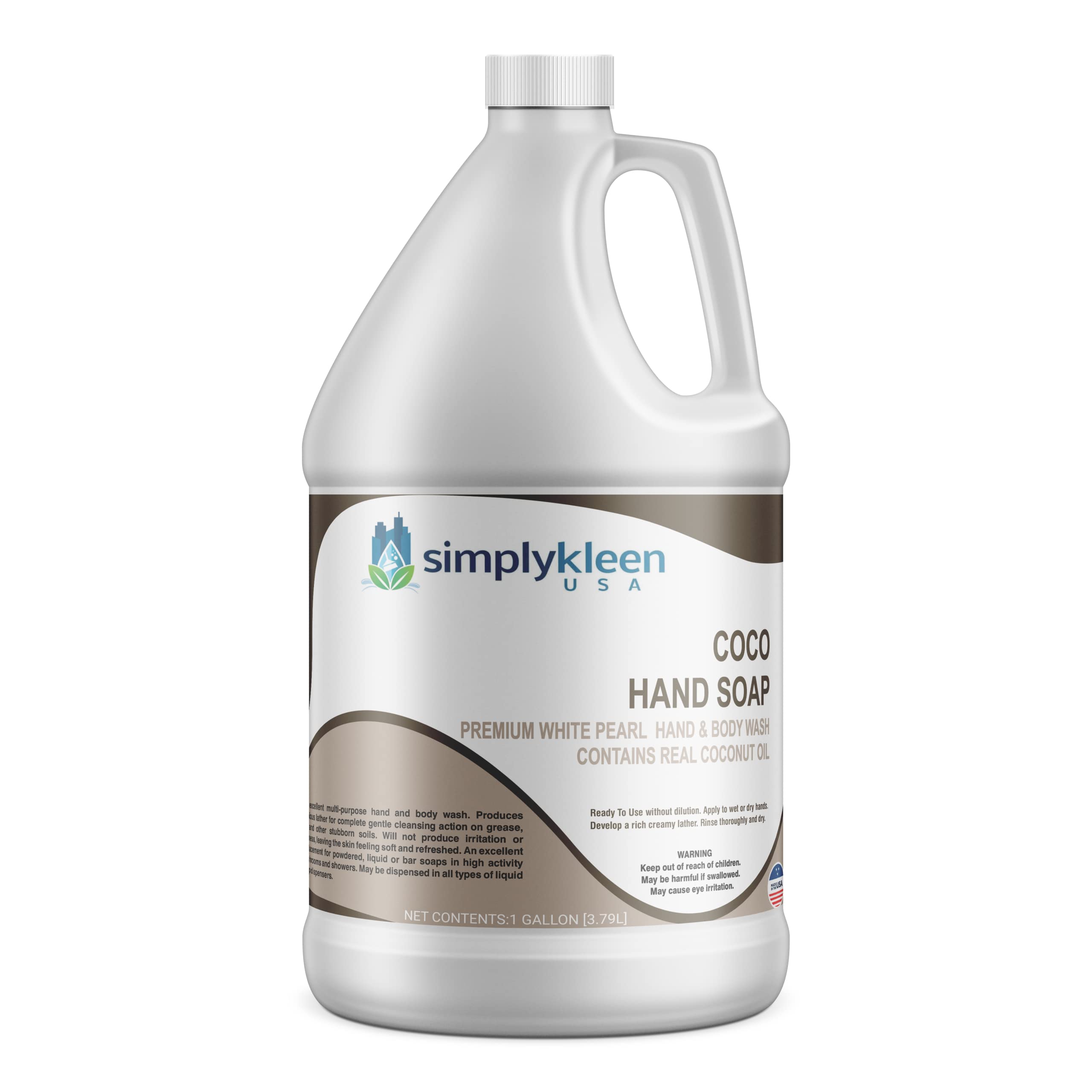 Simply Kleen USA Coco Liquid Hand Soap with Skin Moisturizing Coconut Oil, 1 Gallon, Large Kitchen and Bathroom Dispenser Refill, Premium White Pearl