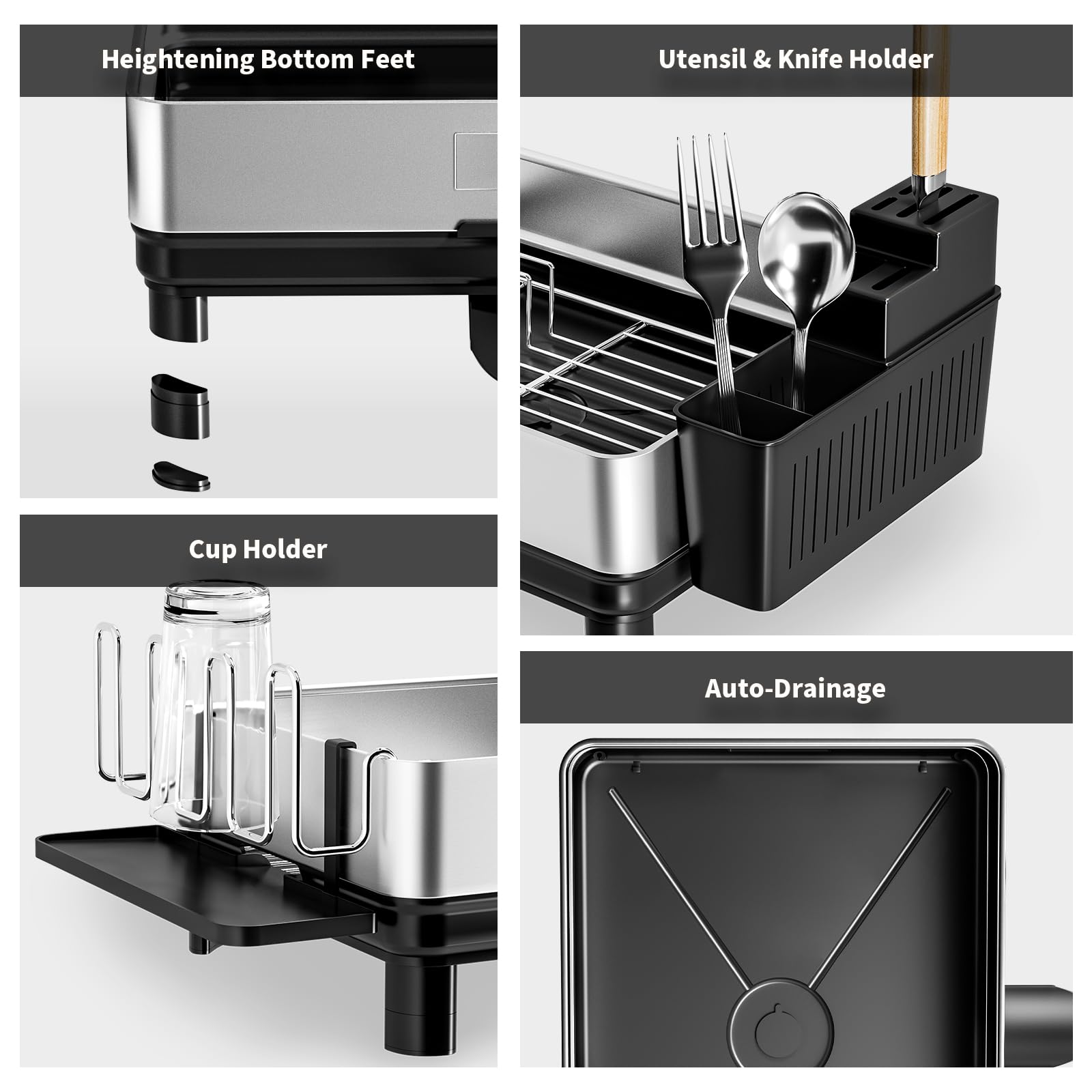 SanDream Dish Drying Rack, Stainless Steel Dish Rack for Kitchen Counter, Dish Drainer for with 360° Rotatable Drain Spout & Utensil Holder, Saving-Space Kitchen Organizer with Cups Holder, Black