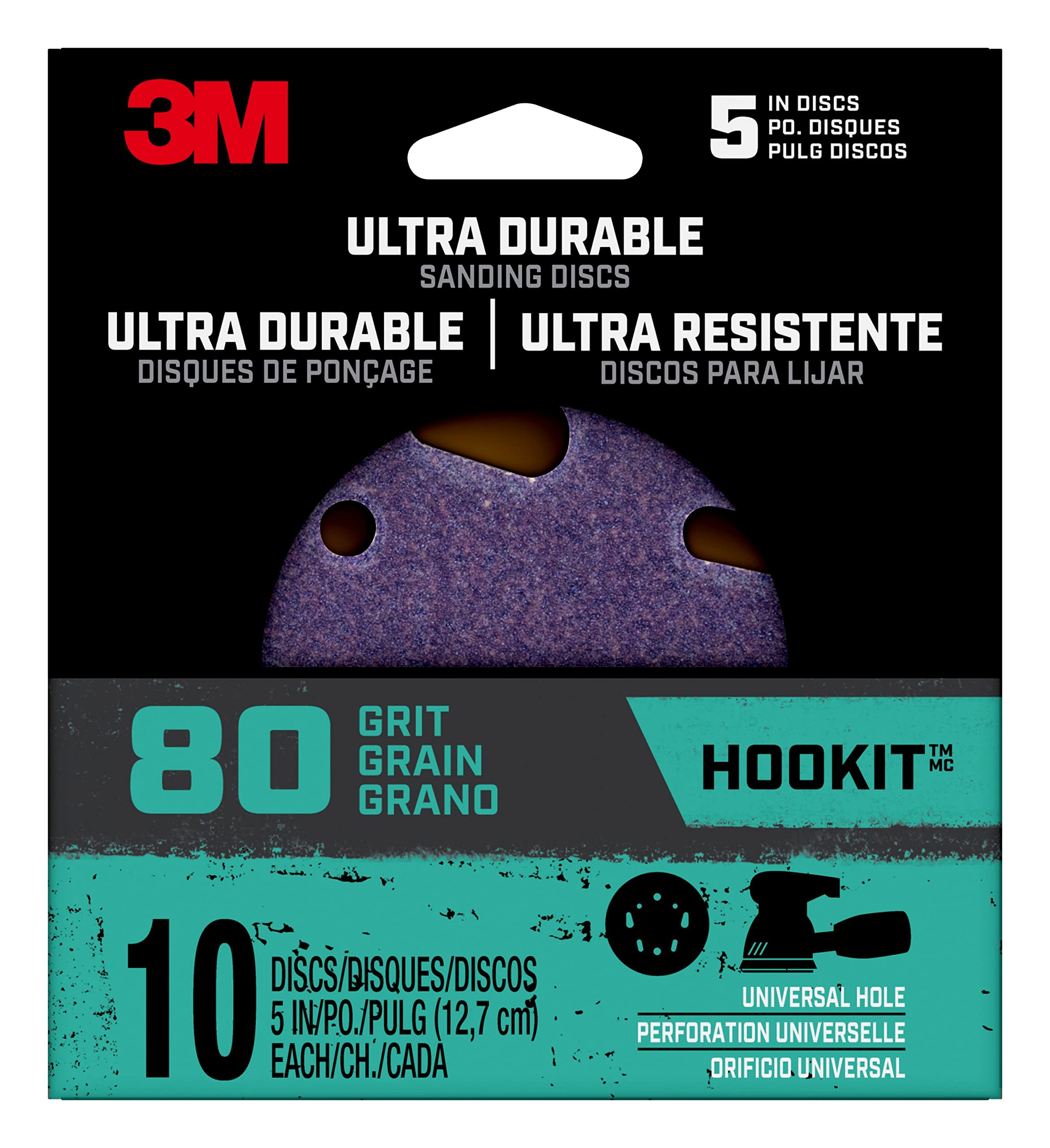 3M Ultra Durable 5 inch Power Sanding Discs, Universal Hole, 80 Grit, 10/Pack