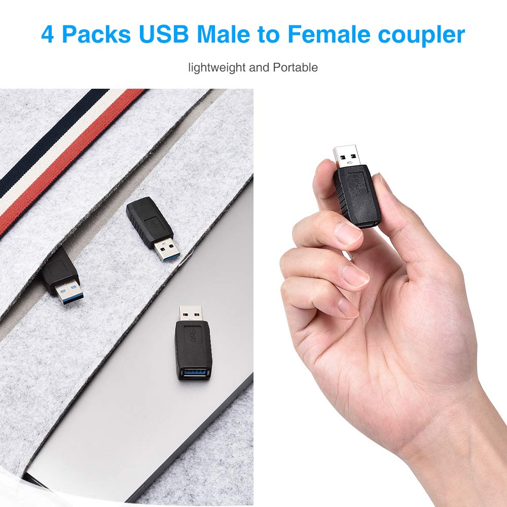 ELUTENG USB Coupler Male to Female 4Packs USB 3.0 Type A Adapter Superspeed 5Gbps USB Port Extension Connector Bridge Compatible with Laptop Computer Hard Drive Printer Camera