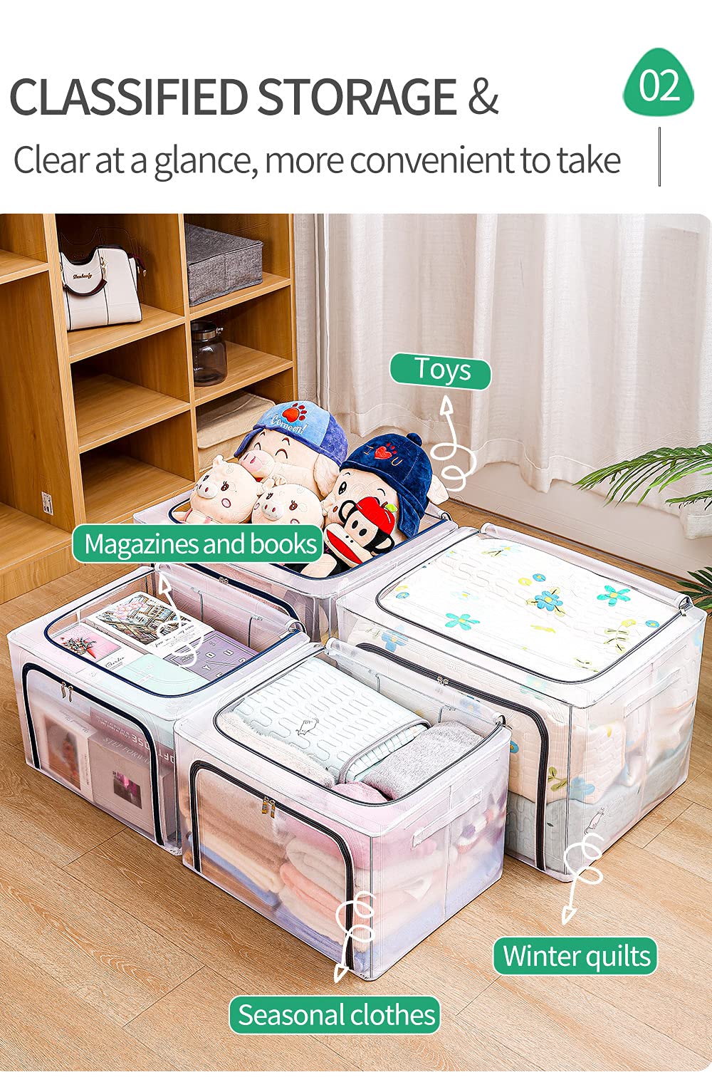 BESTUNIHOM PVC Clear Storage Box,Waterproof Storage Closet Organizers Office Storage Bins Double-way Zippers, Pack of 2 Blue 80L SNX-JWB012PBL80