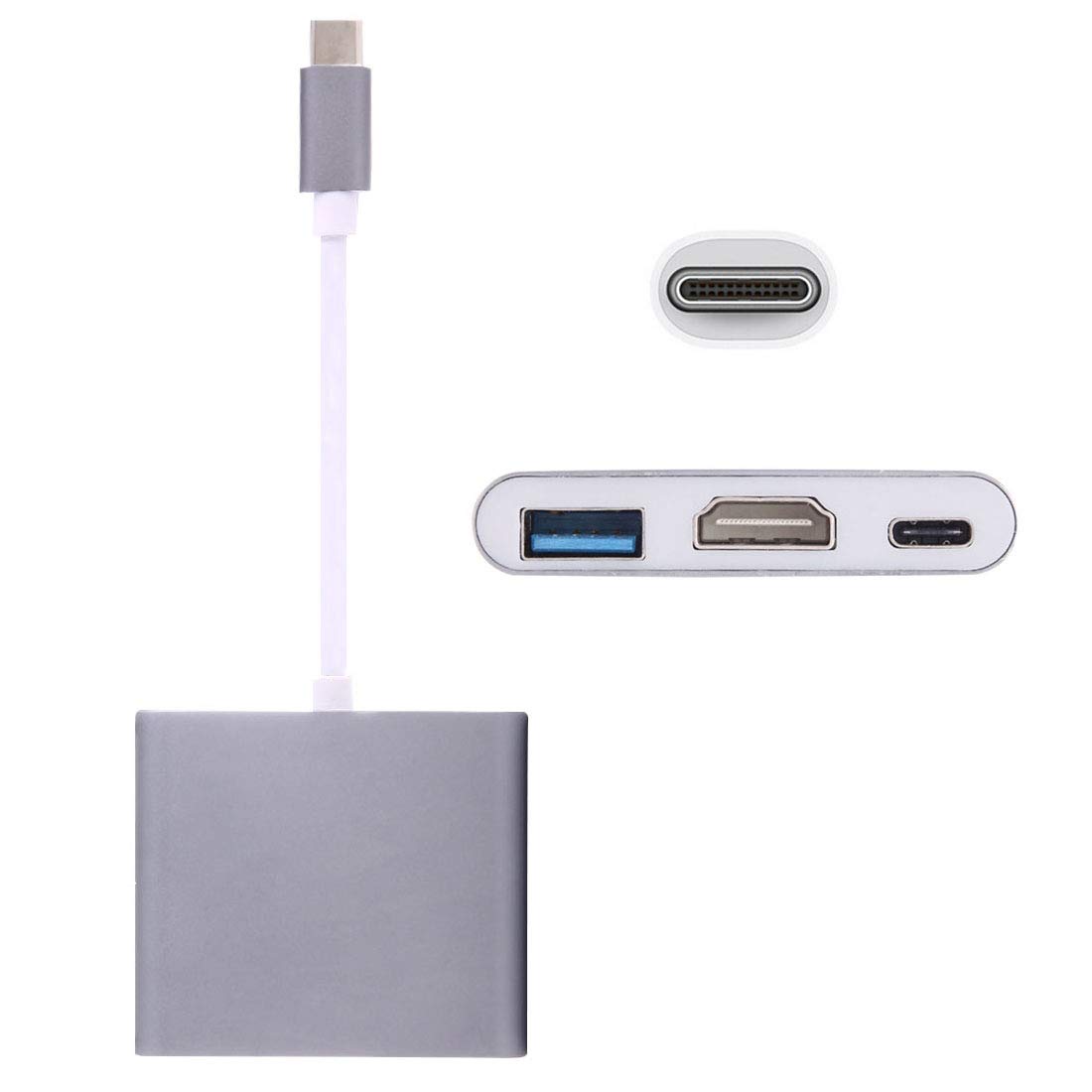 Jiali USB-C Converter Adapter USB-C/Type-C 3.1 Male to USB-C/Type-C 3.1 Female & HDMI Female & USB 3.0 Female Adapter(Silver) (Color : Grey)