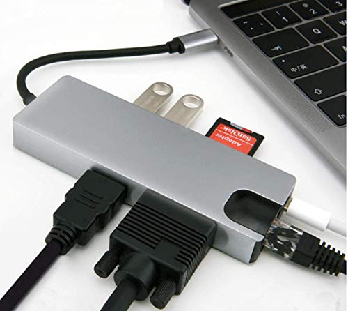 Pocket-Sise Design Multi-fuction 8 in 1 USB 3.1 Type C Adapter Docking Station Combo (Aluminum Alloy Made) with PD Charge/USB 3.0X2/1000M Gigabit LAN/4K HDMI/VGA/TF/SD