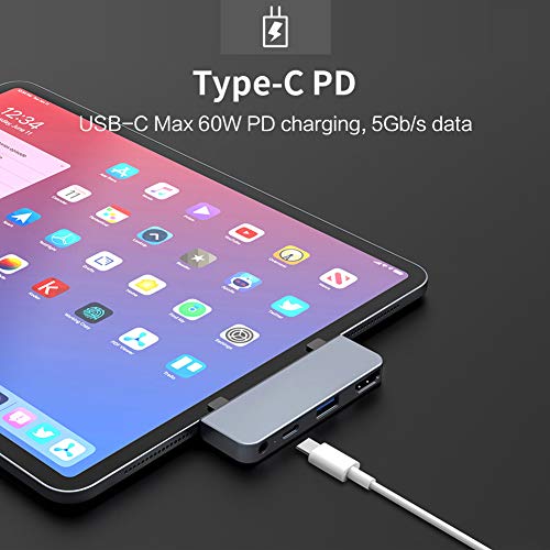 HyperDrive USB C Hub Adapter for iPad Pro 2020 2019 2018 11”/ 12.9", USBC Smartphone/Tablet, 4-in-1 USB-C Hub Dongle with 4K HDMI, C-USB PD Charging, USB 3.0, 3.5mm Headphone Audio Jack -Gray
