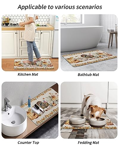 Bathroom Floor Shower Mat, Non-Slip Small Rugs - Easy to Clean, Harvest Turkey with Pumpkins and Sunflowers Maple Leaves Durable Bath Rug 16"x24" Washable Quick Dry Mats for Bathtubs