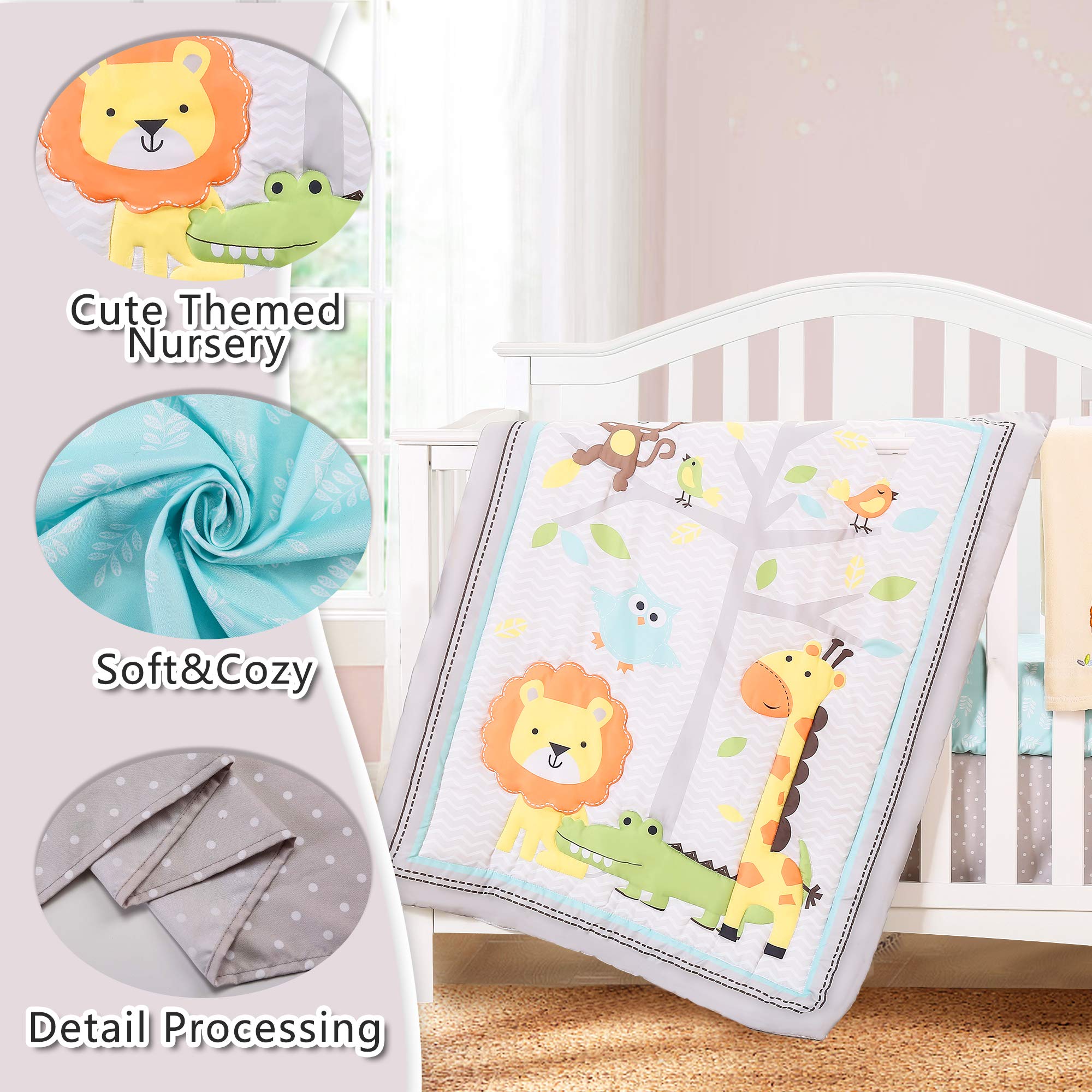 Honkaii 4Pcs Crib Bedding Sets for Boy, Zoo Baby Bedding Sets Neutral with Comforter Fitted Sheet Crib Skirt Blanket, Machine Washable, Suitable for 28 x 52 Inch Cribs,Nursery Bedding Set (Gray)