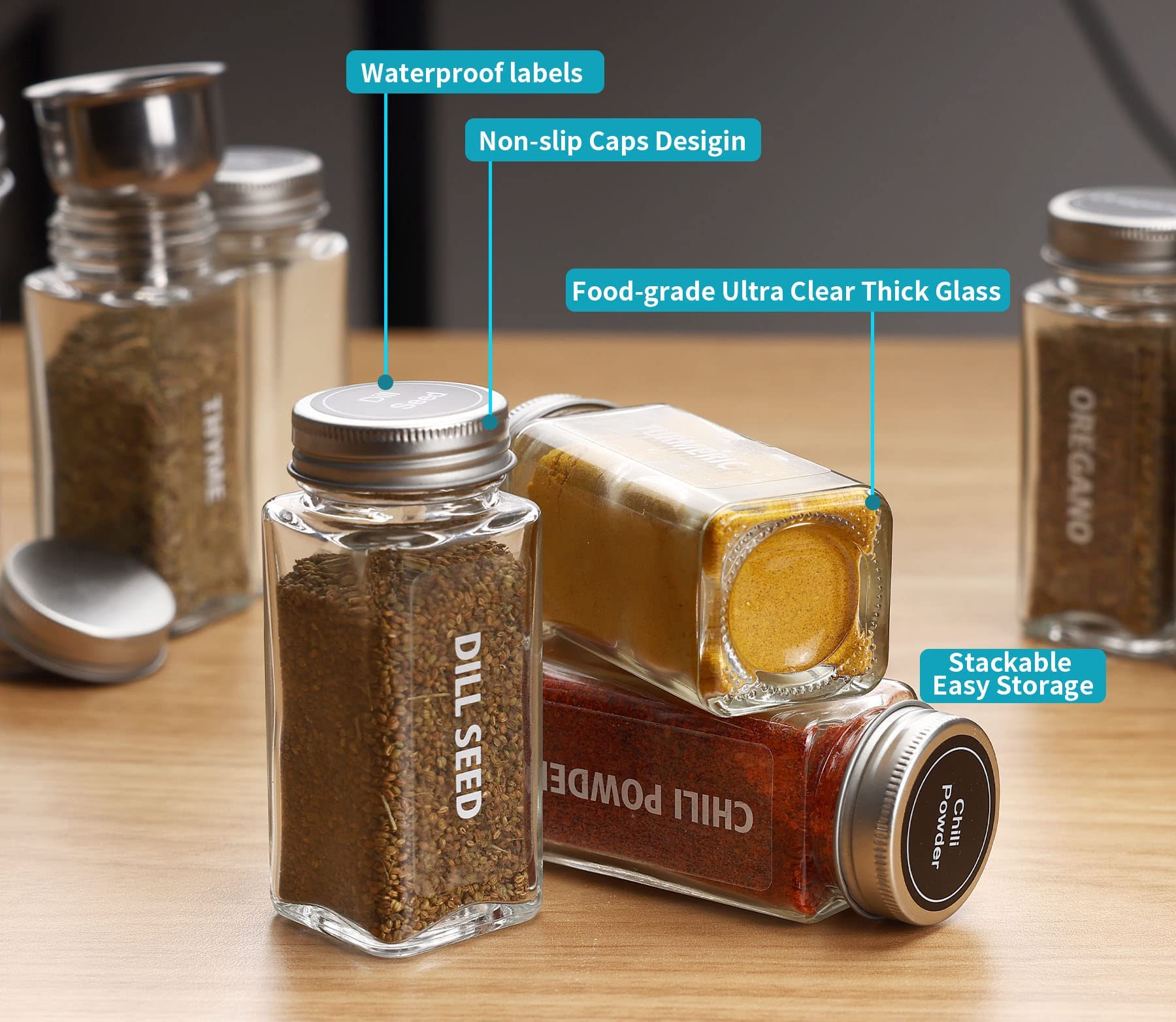 40-Pack 3.5 OZ Glass Spice Jars with 324 Labels, Shaker Lids and Airtight Metal Caps, Empty Reusable Square Seasoning Bottles, Spice Storage Containers, Marker and Stainless Steel Funnel