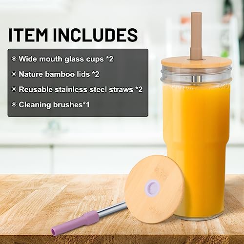 Cafezi 24oz Mason Jar Drinking Glasses with Bamboo Lids and Straws 2 Pack,Reusable Boba Cup Smoothie Tumbler Glass Bubble Tea Cup,Iced Coffee Cup,BPA Free, Dishwasher Safe