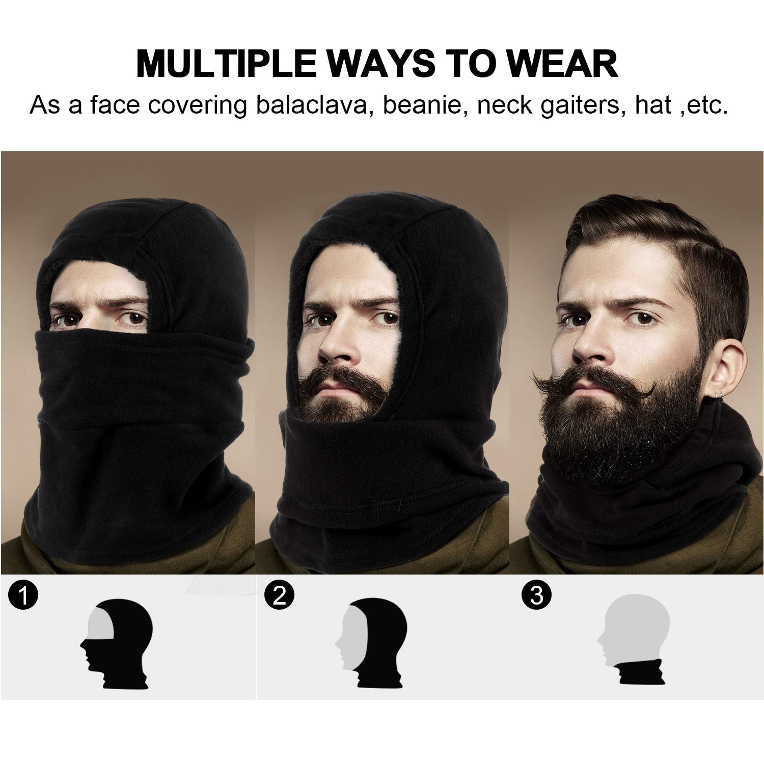 3 Pieces Balaclava Fleece Hat Ski Cold Weather Thick Face Cover Hat Winter Warm Windproof Adjustable Cycling Headwrap
