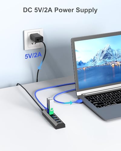 USB Hub, Aiibe 6 Ports Super High Speed USB 3.0 Hub Splitter + 10W Power Adapter + USB 3.0 Cable, Black Smart Fast Charger Powered USB Hub for Laptop, Mac, PC, Mobile HDD, Mulitple Devices