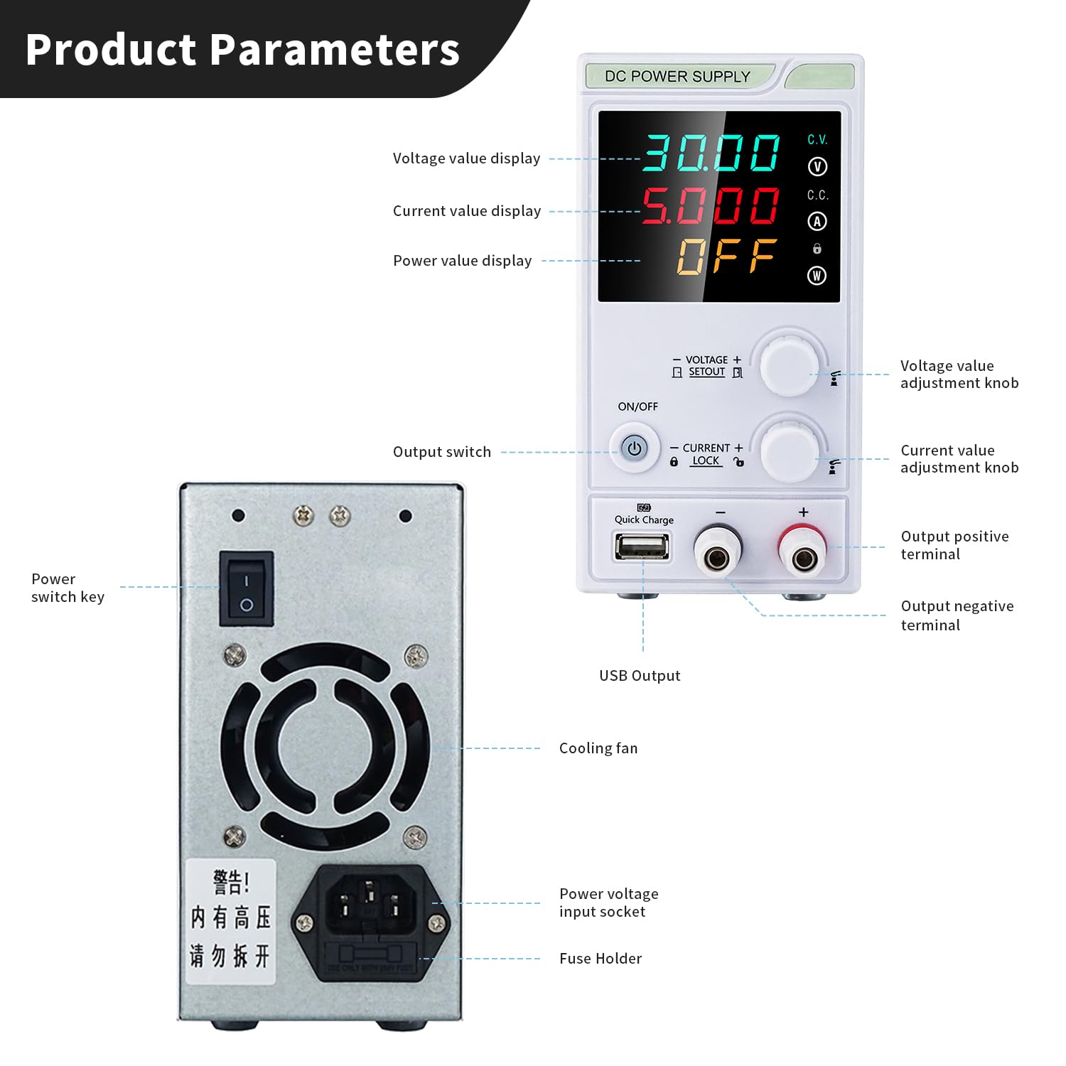 Luckyrao DC Power Supply Adjustable Variable Regulated Power Supply, High Precision Digital Switching Power Supply, with USB Charging Interface, with Encoder knob Adjustment (30V5A)