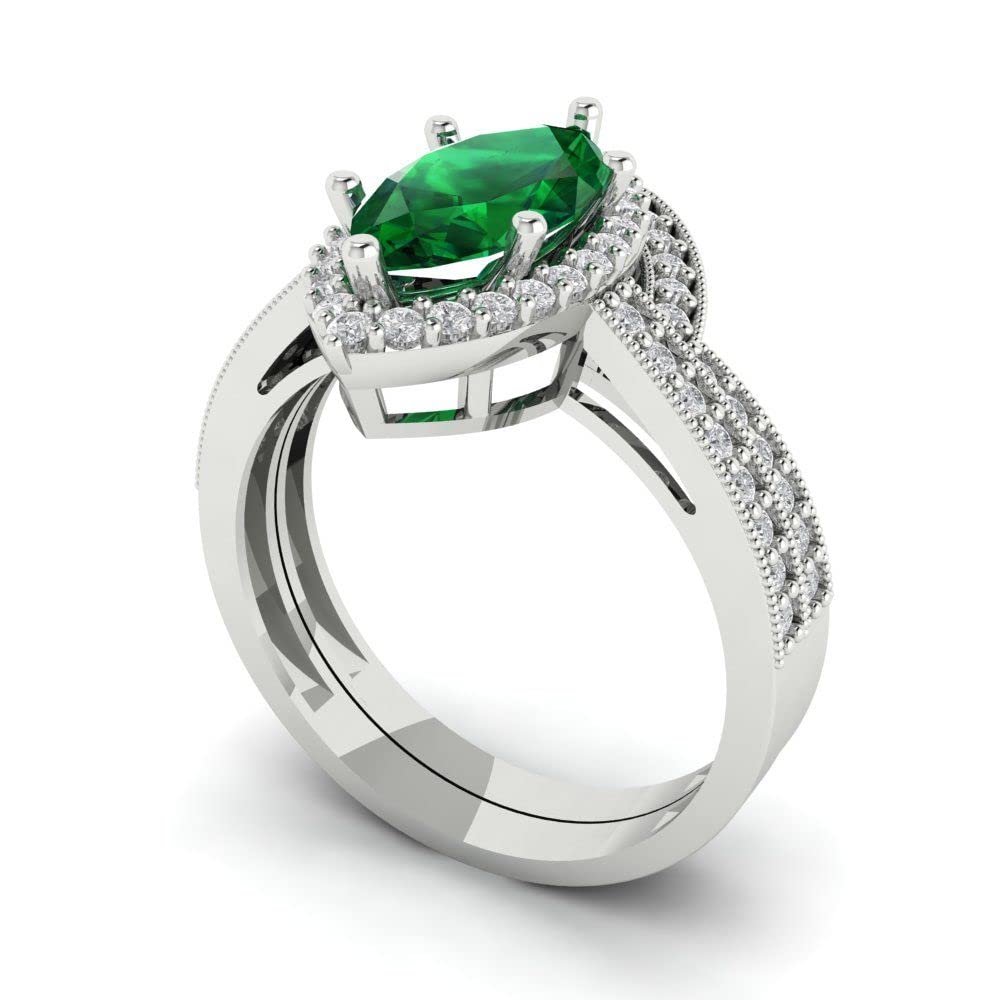 2.26ct Marquise Round Cut Laser Engraving Pave Halo Emerald Designer Statement Classic Ring Band Set 18K White Gold Size 3.75