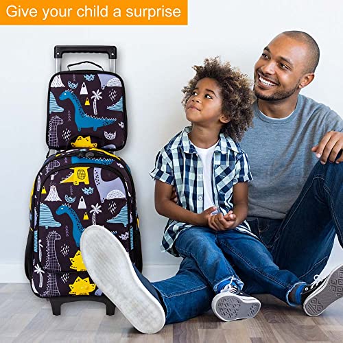 gxtvo Kids Rolling Backpack, Roller Wheels Boys Bookbag - Wheeled Suitcase Elementary School Bag - 3PCS Dinosaur