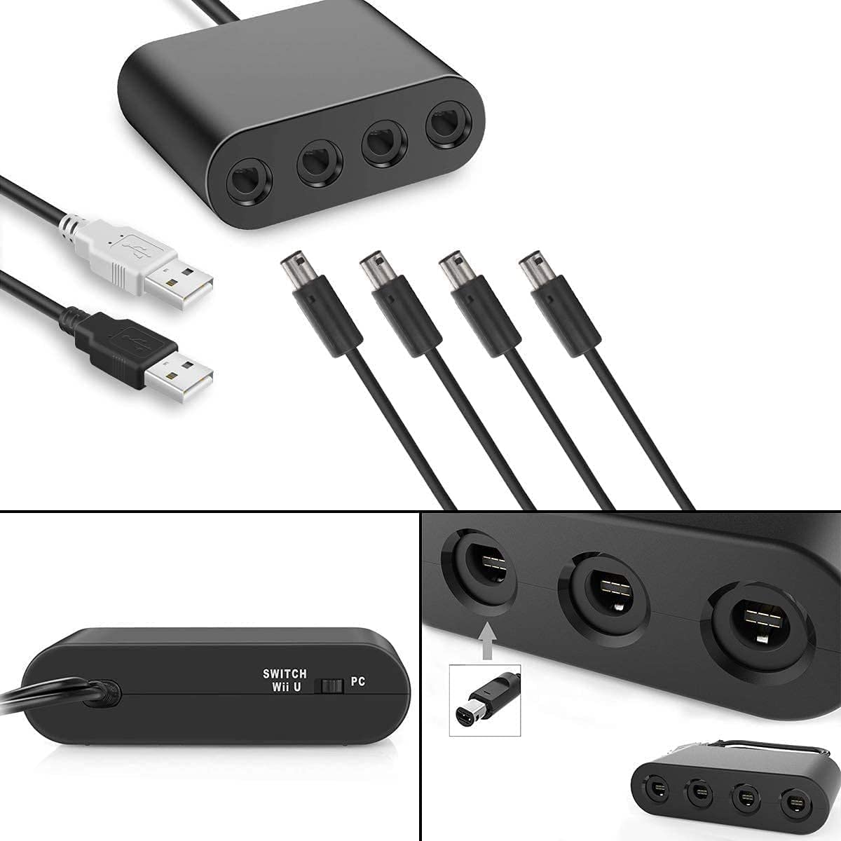 4 Gamecube controllers with 4 extension cables and 4 USB adapters for Switch PC Wii U console (black + purple + orange + blue)