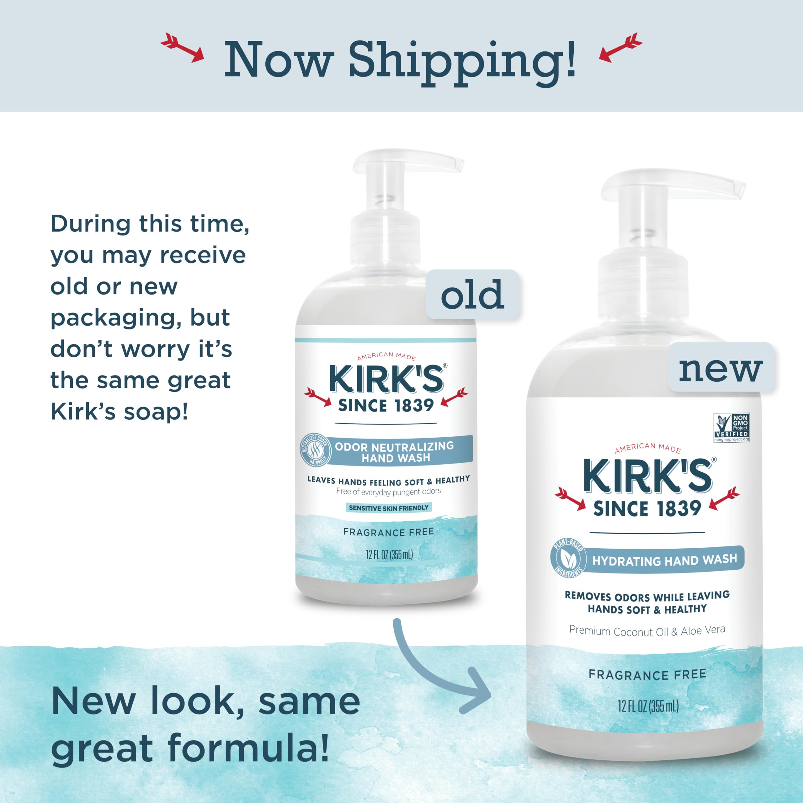 Kirk's Hydrating Hand Wash - Made with Premium Coconut Oil and Aloe Vera, With Plant Based Technology To Help Eliminate Odors, Non GMO, Vegan, Fragrance Free, 12 Fl Oz. 4 pack