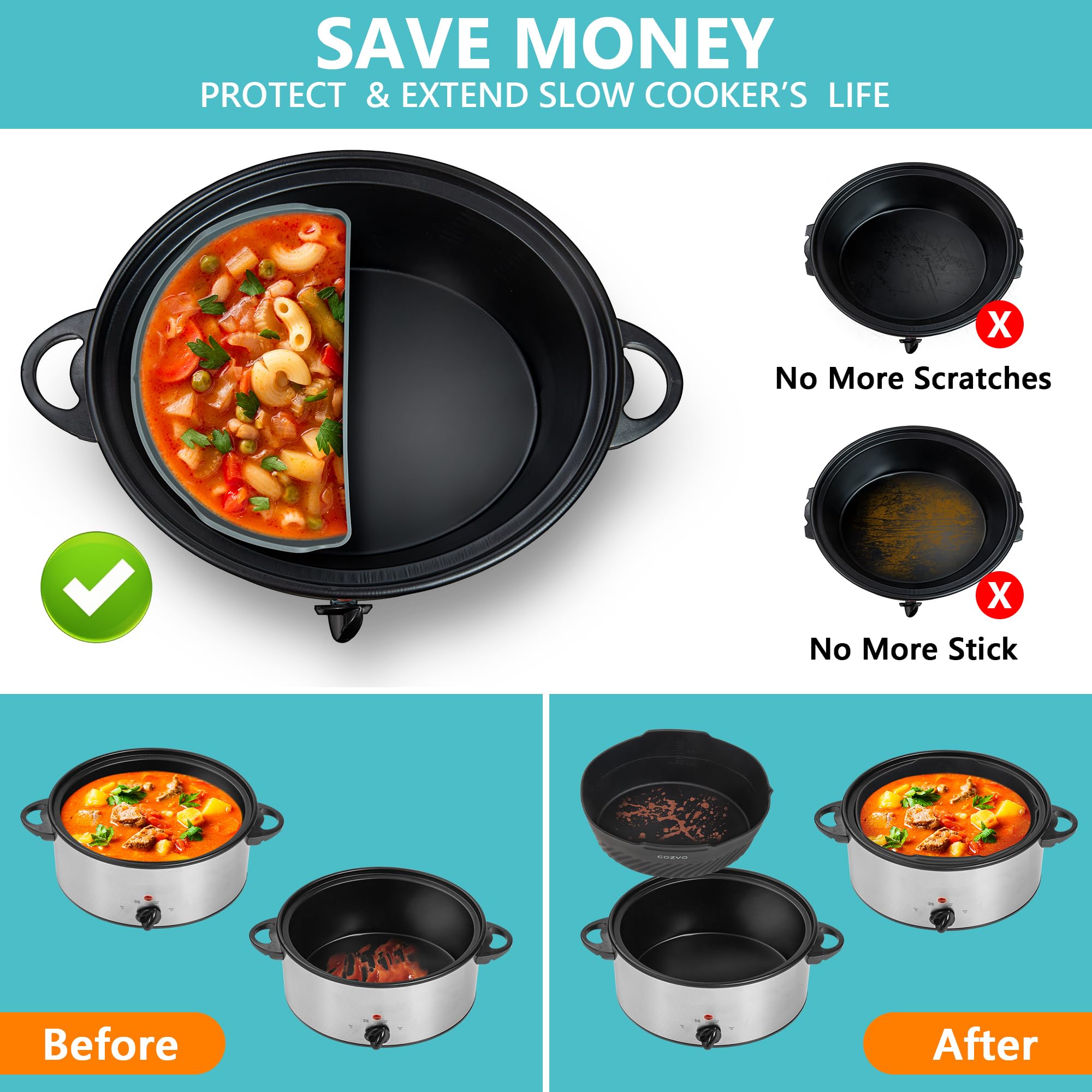 Crockpot Liner, Silicone Crockpot Liner Reusable, Crockpot Divider Insert, Crock Pot Dividers Silicone, Crock Pot Liners, Fit Oval Slow Cooker 6 Quart -COZVO 6pc-Slow Cooker Liners, Crockpot Liners