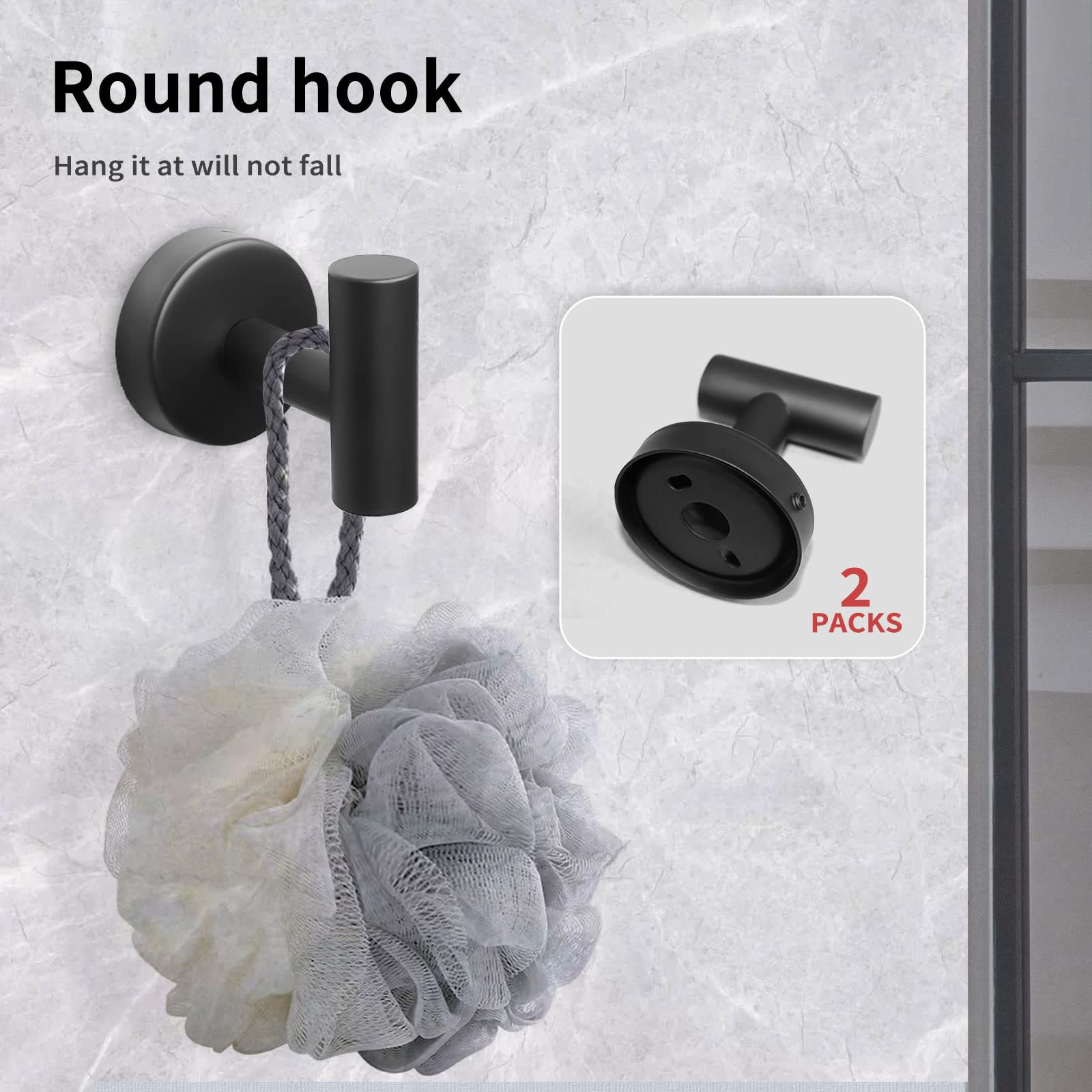 23.6 in Towel Bar Set, 5 Piece Matte Black Stainless Steel Bathroom Hardware Set Include Towel Bar, Toilet Paper Holder, Towel Ring, 2 Robe Towel Hooks, Bathroom Accessory kit