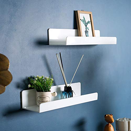 IEEK 15 Inch White Acrylic Floating Wall Ledge Shelf,Wall Mounted Nursery Kids Bookshelf,5MM Thick Home/Office/Bathroom Storage Shelves Display Organizer,Set of 4