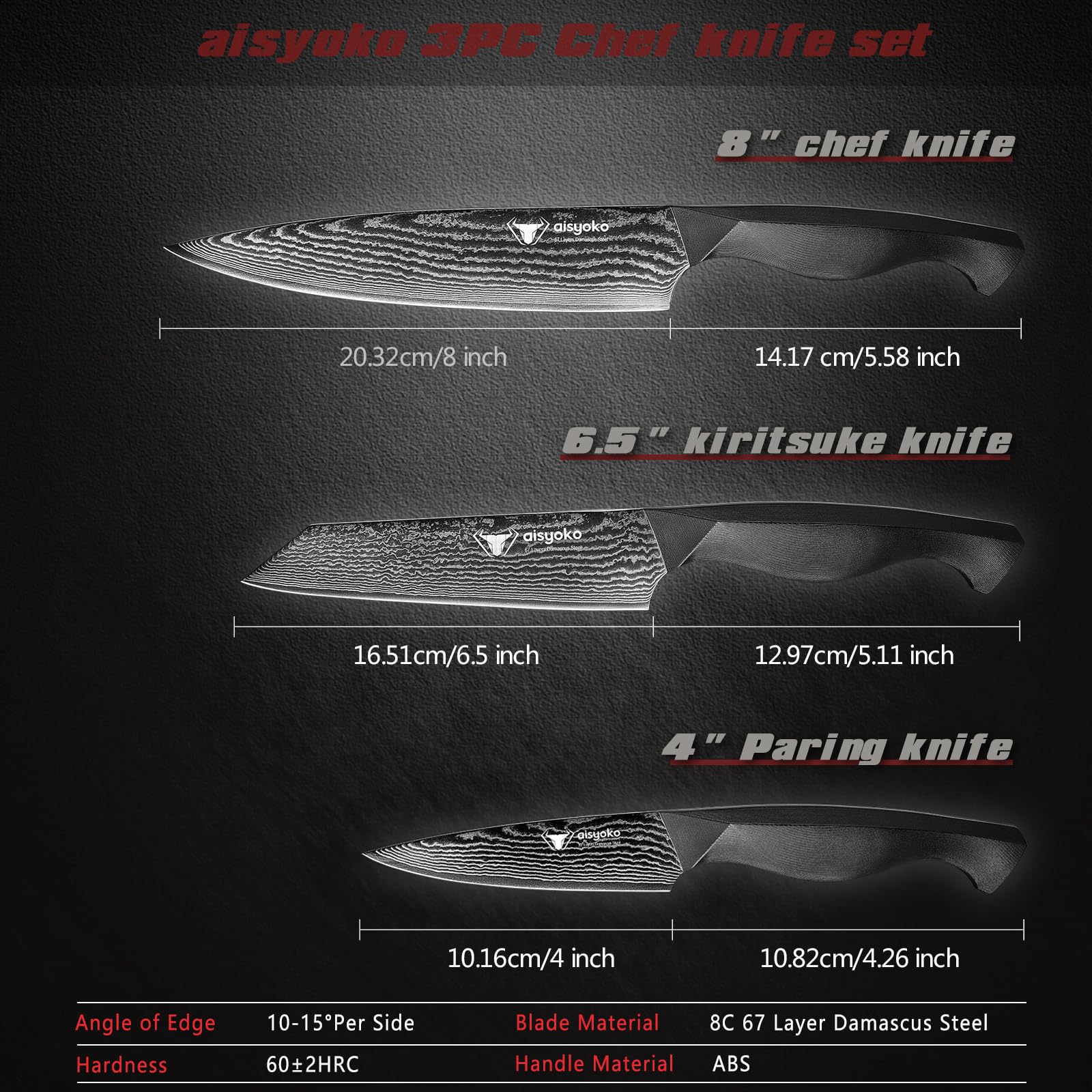 aisyoko 8C Damascus Knife Set 3PC Chef Knife,Kitchen knife,paring knife,High Carbon Stainless Steel,Ergonomic Full Tang ABS Anti-Skid Handle,Professional Japanese Cooking Knife with Luxury Gift Box