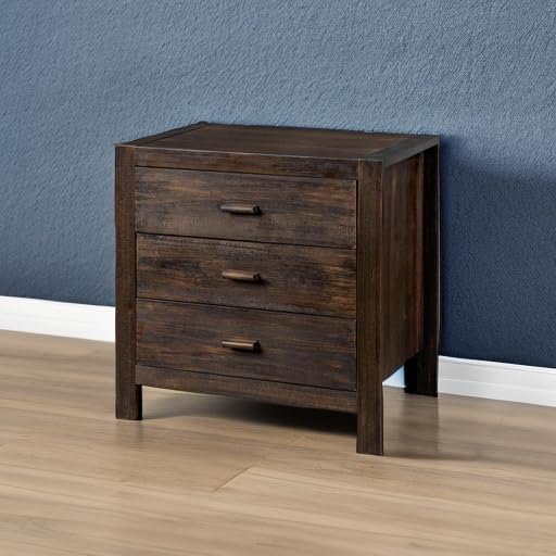 Karl home Farmhouse Nightstand with Charging Station, Solid Pine Wood 3 Drawer Night Stands for Bedroom, Bedside Table with 2 USB Ports & 2 AC Outlets, Vintage End Tables, Brown
