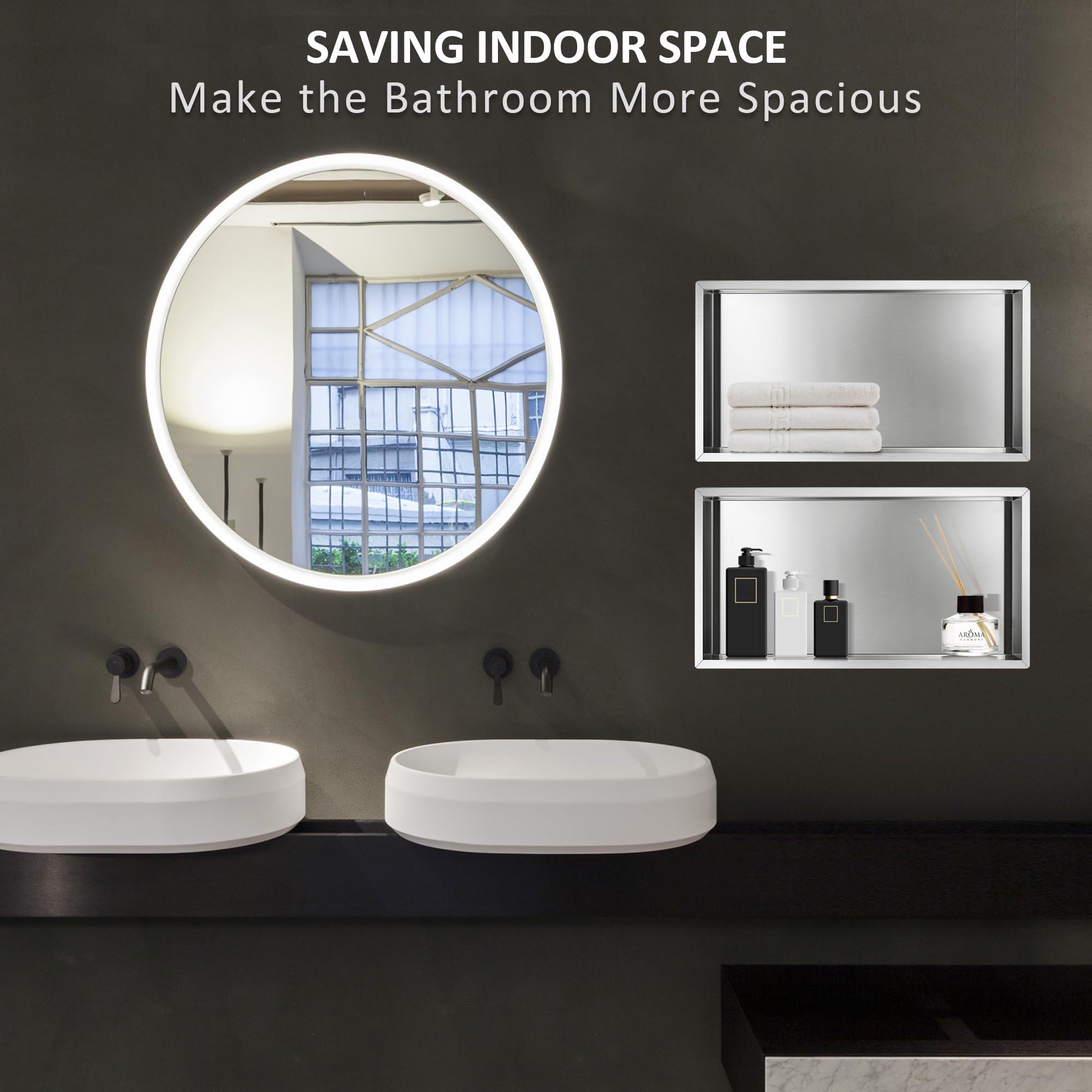 Besino Stainless Steel Shower Niche,24 X 12 Inch, Silver, Shower Niche for Bathroom Storage, No Tile Needed Recessed Shower Shelf