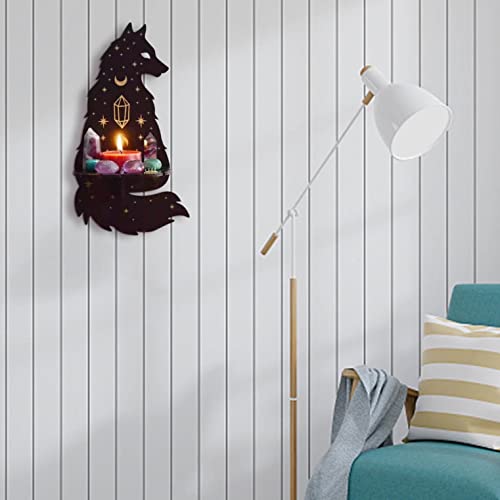 Halloween Decoration Hand Floral Sun and Moon Altar Shelf with-Pendulum and Necklace Stand Wooden Creative Crystal Wall Shelf (Wolf)