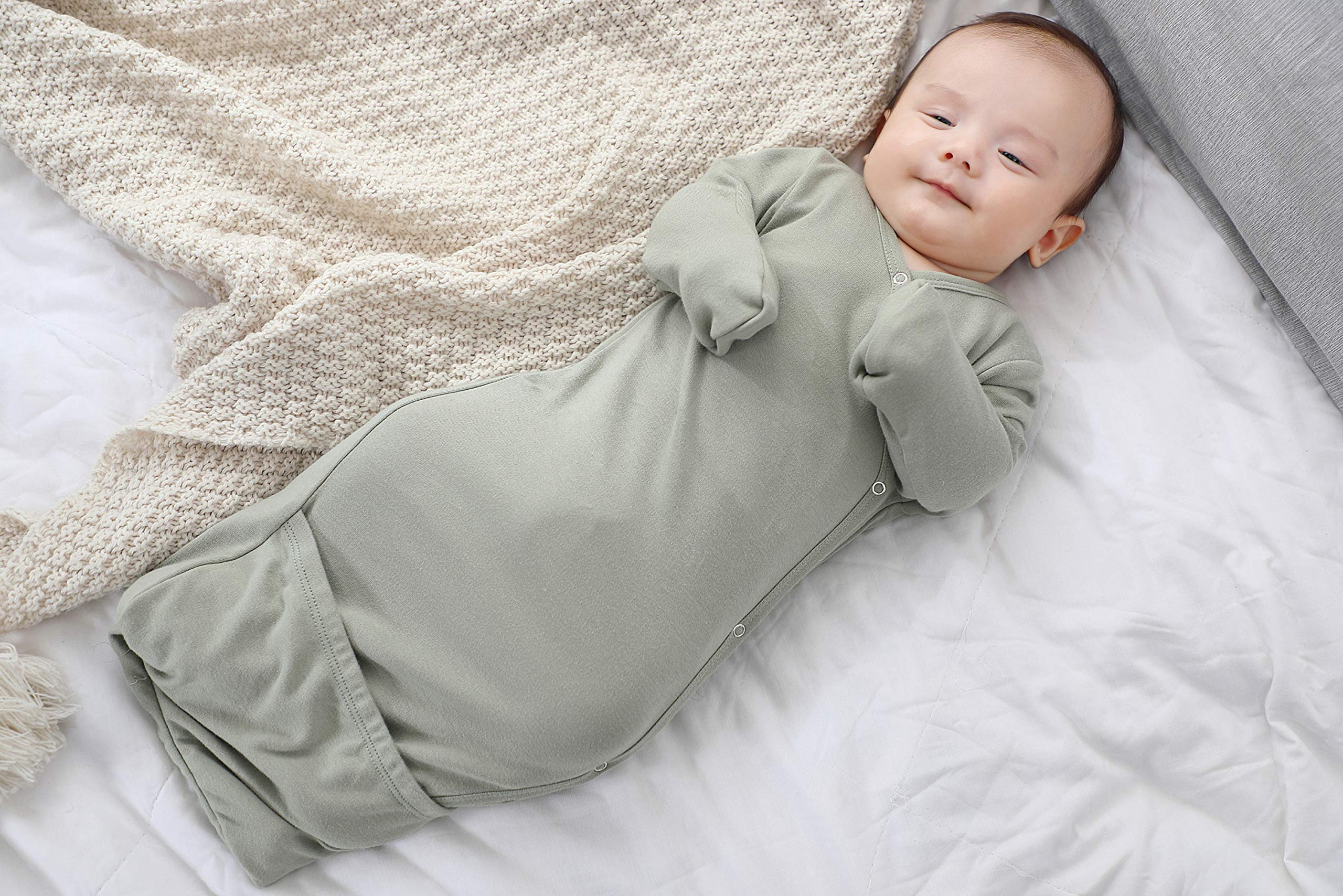 O2 BABY Baby Organic Cotton Kimono Gown with Mitten Cuffs and Fold-Over Pouch, Unisex Long Sleeve Infant Sleeper Sleeping Bag(0-3Months, Desert Sage)