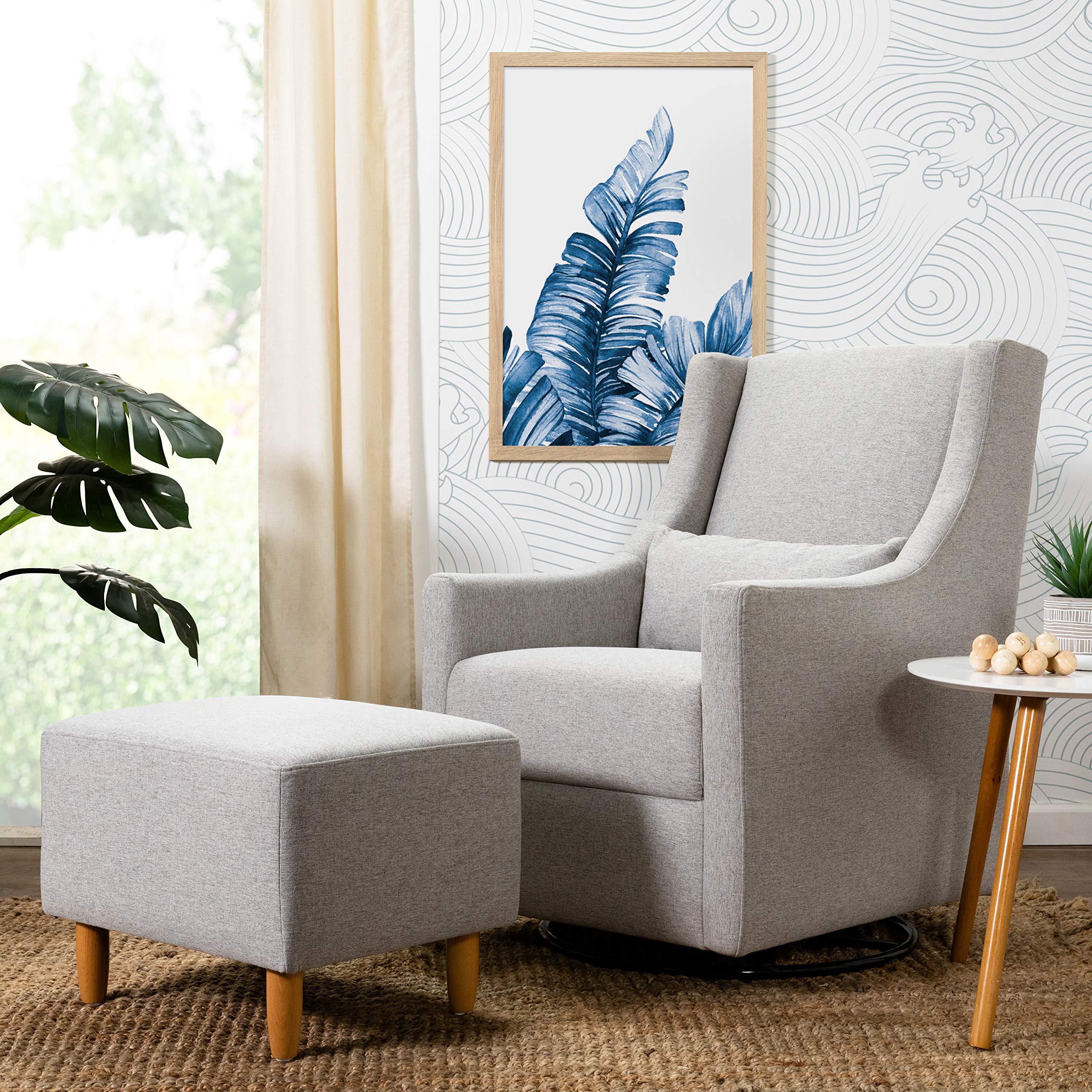 Babyletto Toco Upholstered Swivel Glider and Stationary Ottoman in Performance Grey Eco-Weave, Water Repellent & Stain Resistant, Fabric, Greenguard Gold Certified