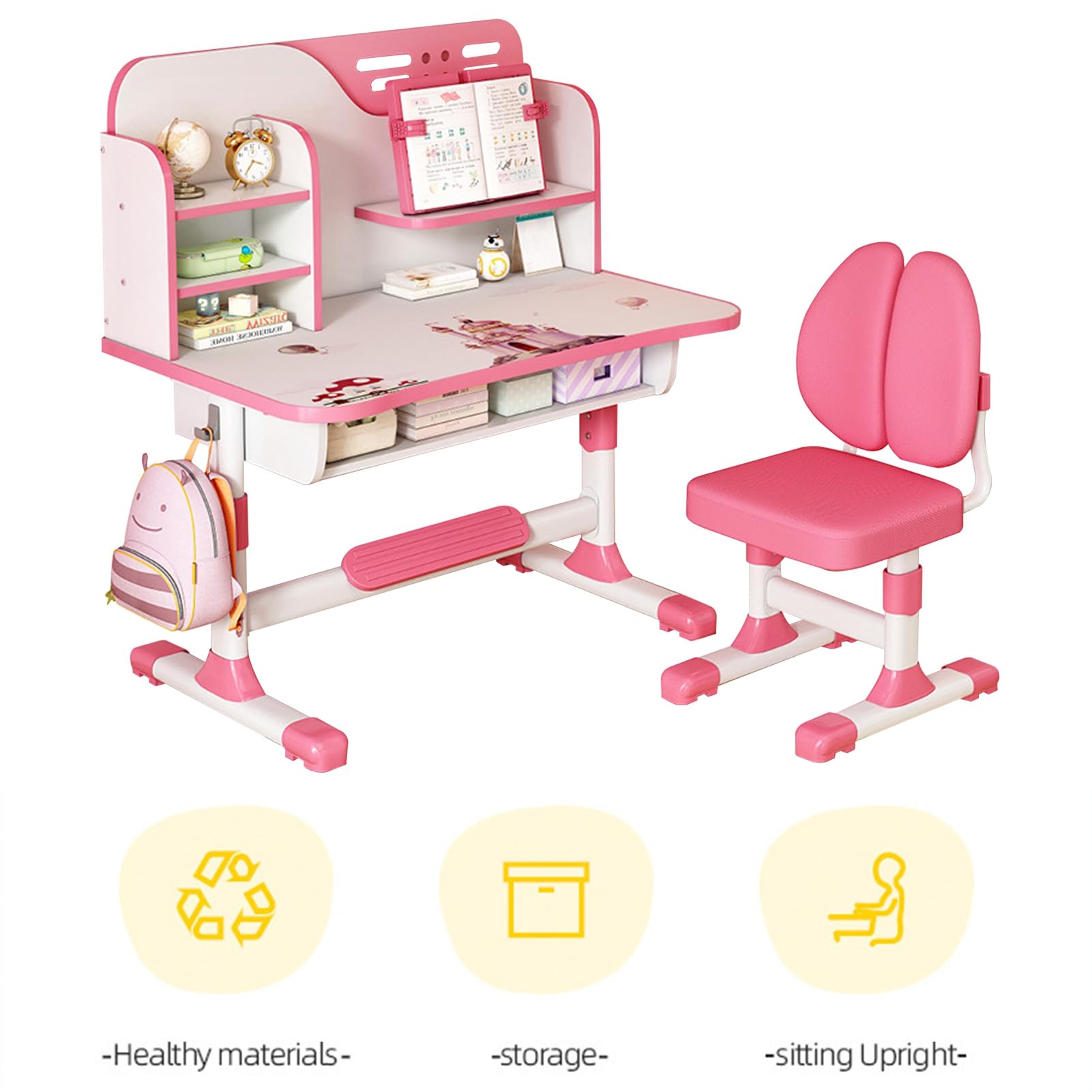 Premium Kids Study Desk Chair Set,Height Adjustable Children's Desk and Chair School Study Table Chair with Astronaut Pattern,Ergonomic Desk Chair with Writing Board, Bookshelf and Drawer Pink