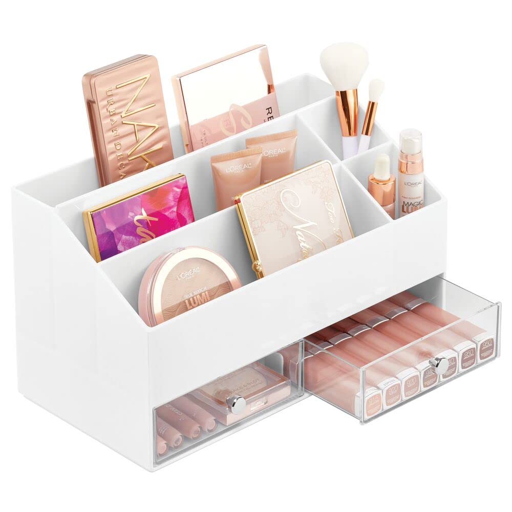 mDesign Plastic Makeup Storage Organizer with 2 Drawers and 5 Divided Sections for Bathroom, Vanity, Cabinet, Countertops - Storage for Cosmetics, Brushes, Blush - Lumiere Collection - White/Clear