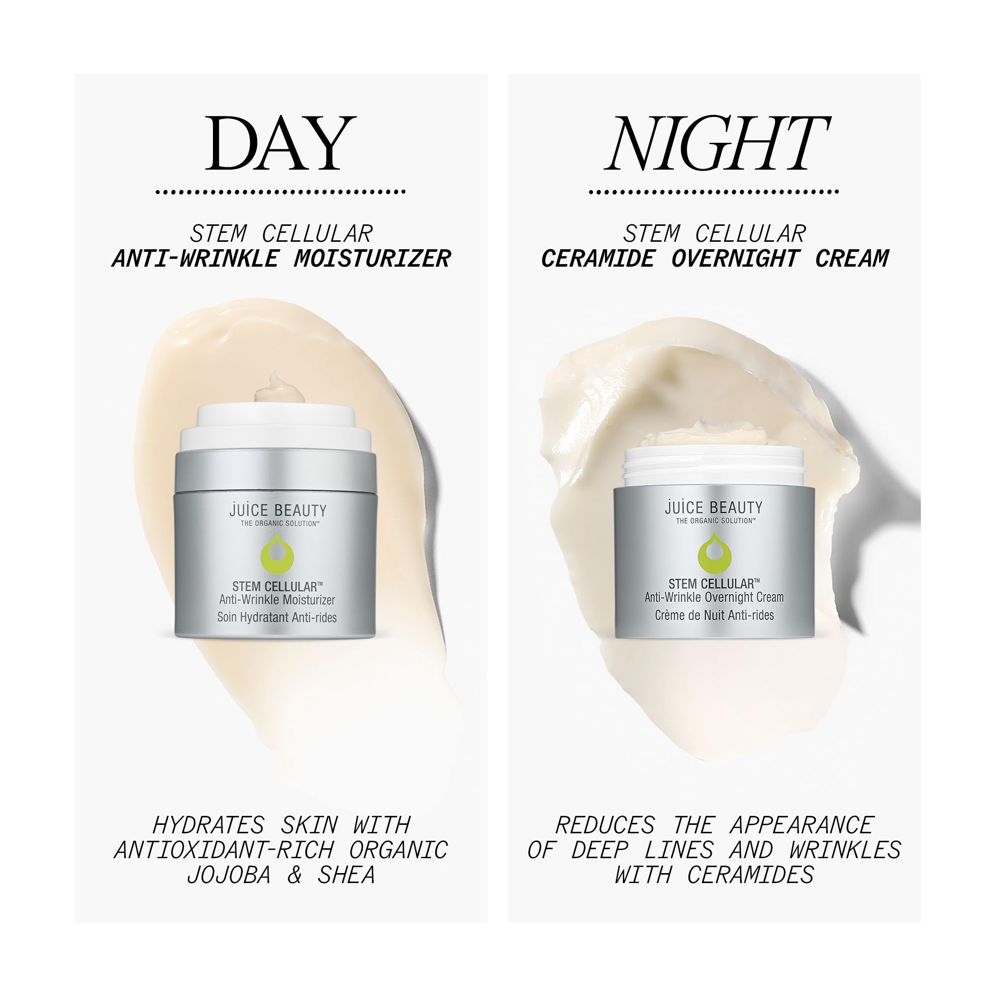 Juice Beauty Stem Cellular Day & Night Duo - Includes Anti-Wrinkle Moisturizer + Anti-Wrinkle Overnight Cream - Hydrates + Improves Fine Lines and Wrinkles - Vegan, Cruelty Free