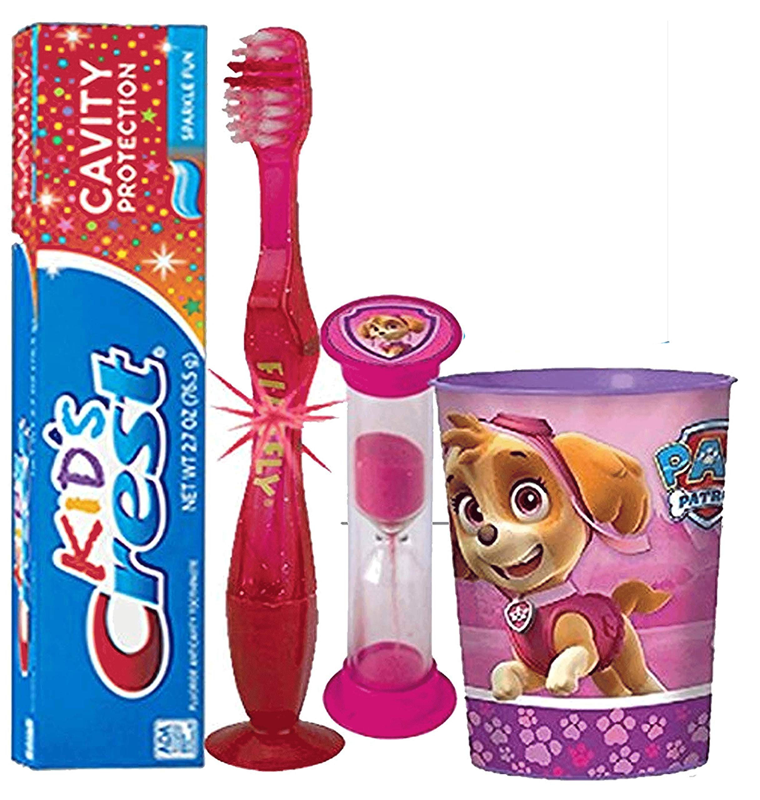 Paw Patrol Skye 4 brilhante Sorriso Higiene Oral Pacote. Acende Escova de dentes, pasta escovagem Temporizador e Elixir Rise Cup. Plus dentário saco e colar de dente Economia.