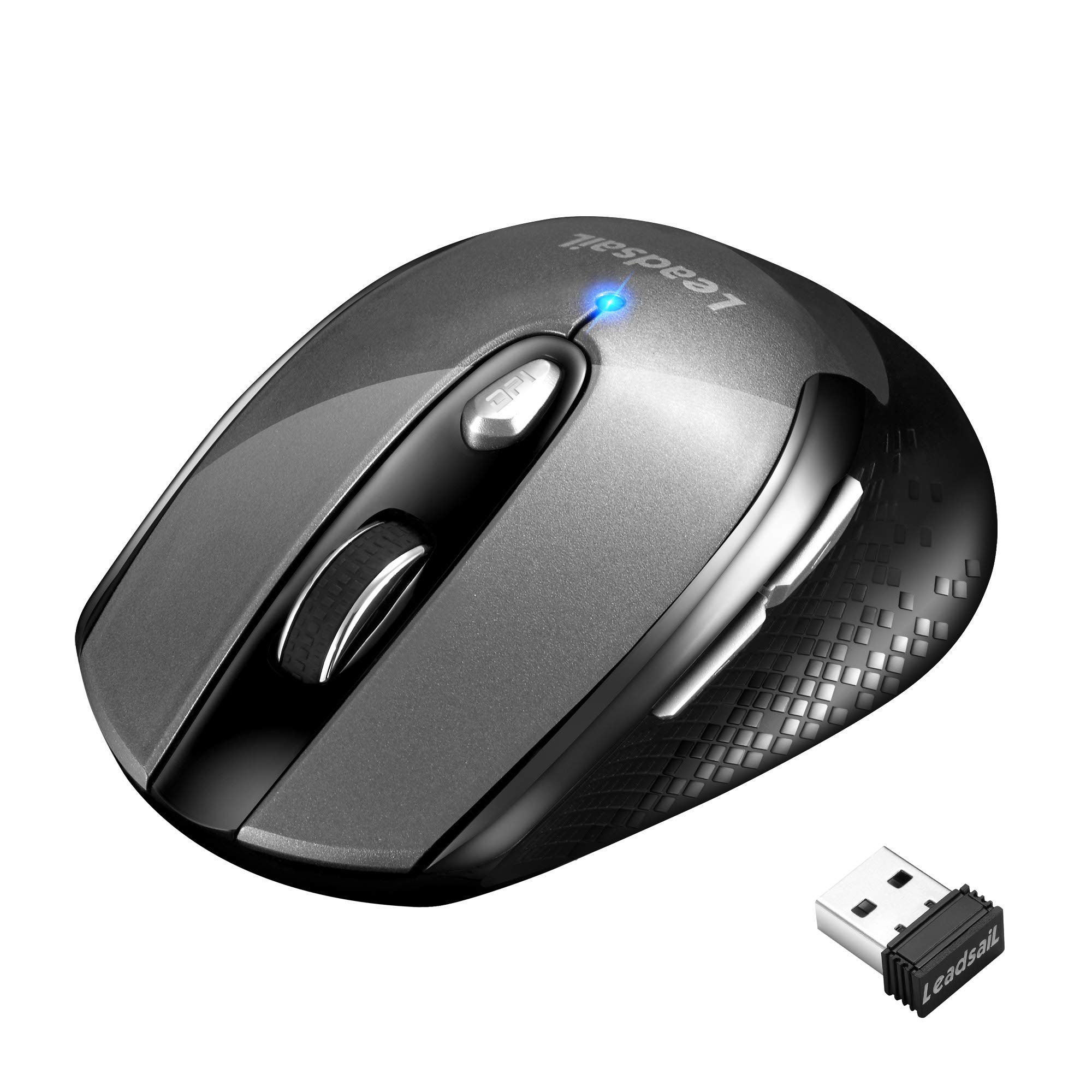 LeadsaiL Wireless Computer Mouse, 2.4G Portable Slim Cordless Mouse Less Noise for Laptop Optical Mouse with 6 Buttons, USB Mouse for Laptop, Deskbtop, MacBook (Grey)
