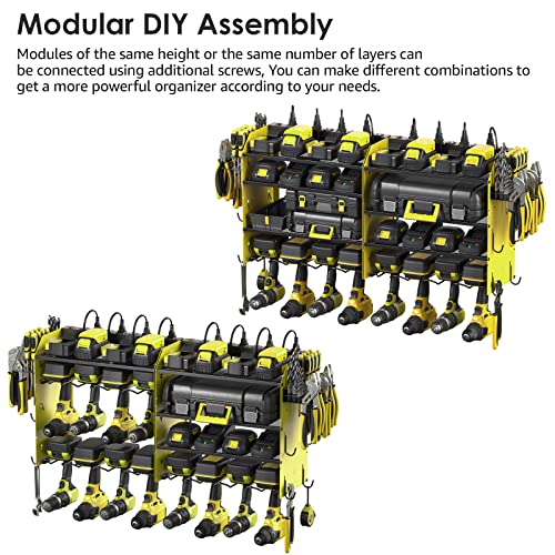 CCCEI Modular 4 Layer Movable Power Tool Organizer with Charging Station. Wall Mount 4 Drill, Tool Battery Holder, Garage Heavy Duty Shelf Rack with Power Strip, Hooks, Screwdriver, Drill Bit Storage