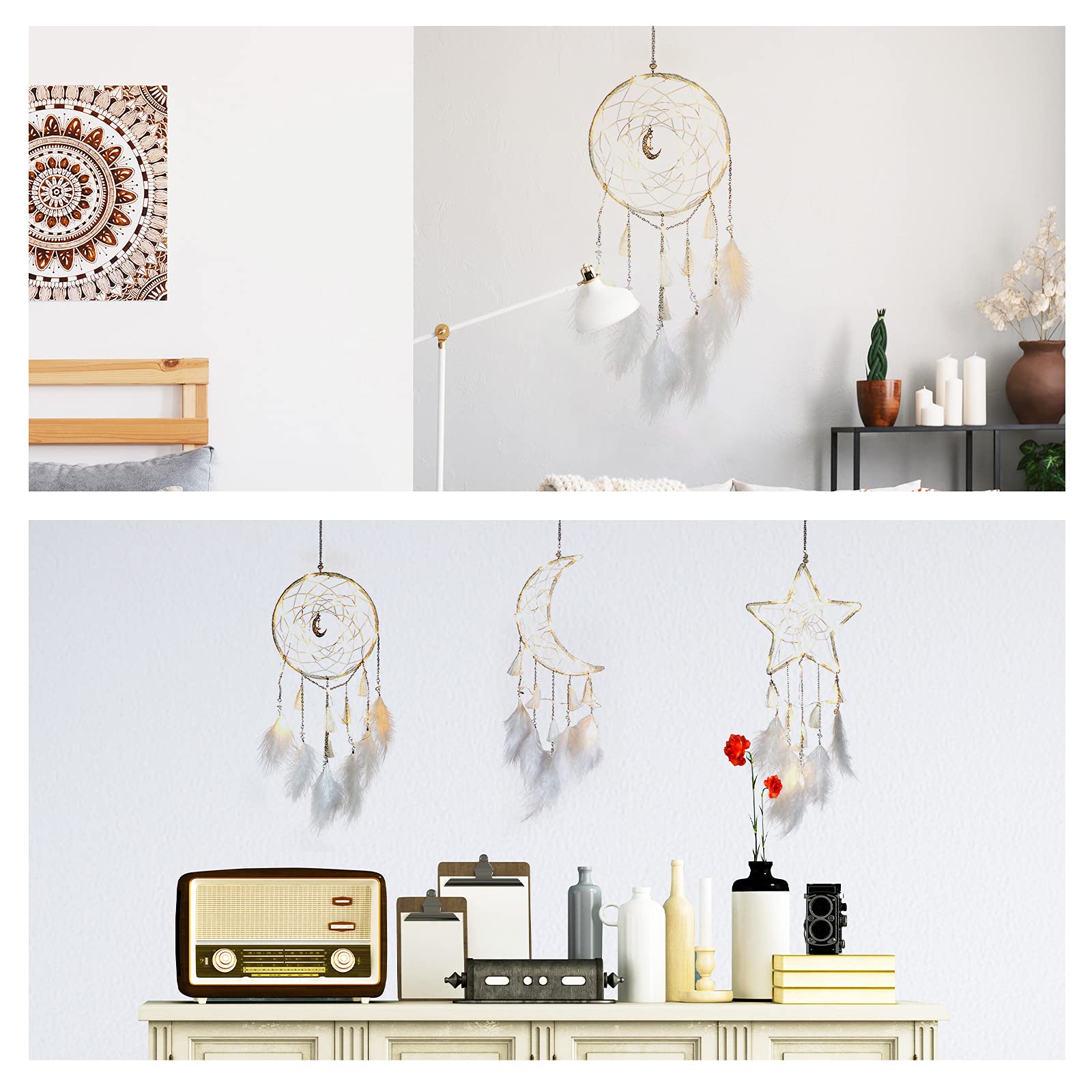 3 Pieces LED Dream Catcher Handmade Chain Dream Catcher Moon Sun Star Bohemian Design Home Decor for Wall Hanging Home Decoration
