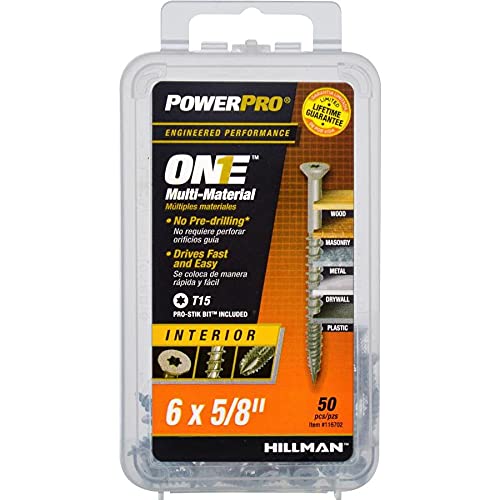 Power Pro Premium One Multi-Material Flat Head Screws, Zinc Plated Steel, Fasten in Wood, Metal, Concrete, Drywall and Plastic, Silver, #6 x 5/8 inch, Box of 50 Screws