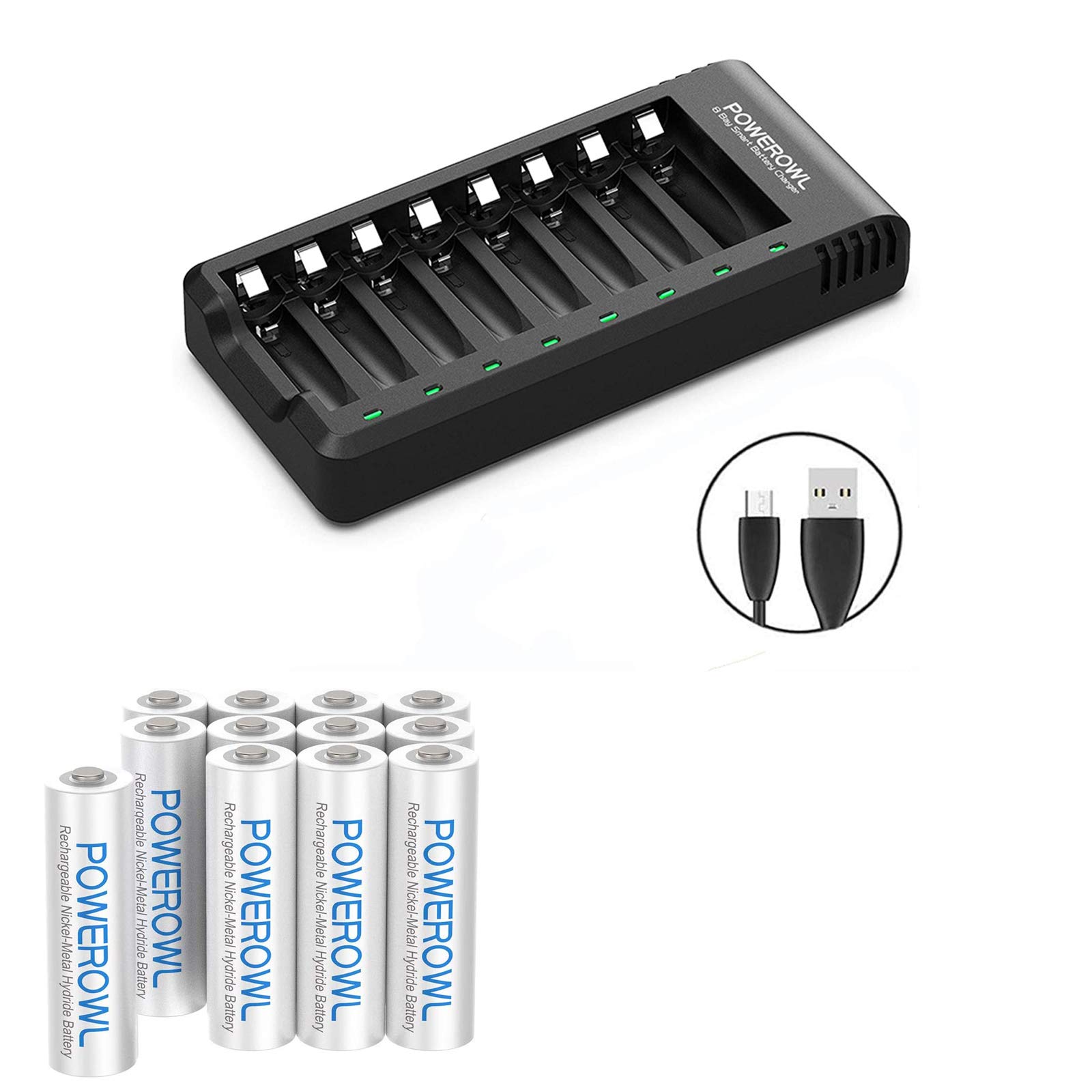 POWEROWL 8 Bay AA AAA Battery Charger (No Adapter)+ AAA Rechargeable Batteries 1000mAh 1.2V - 12 Pack