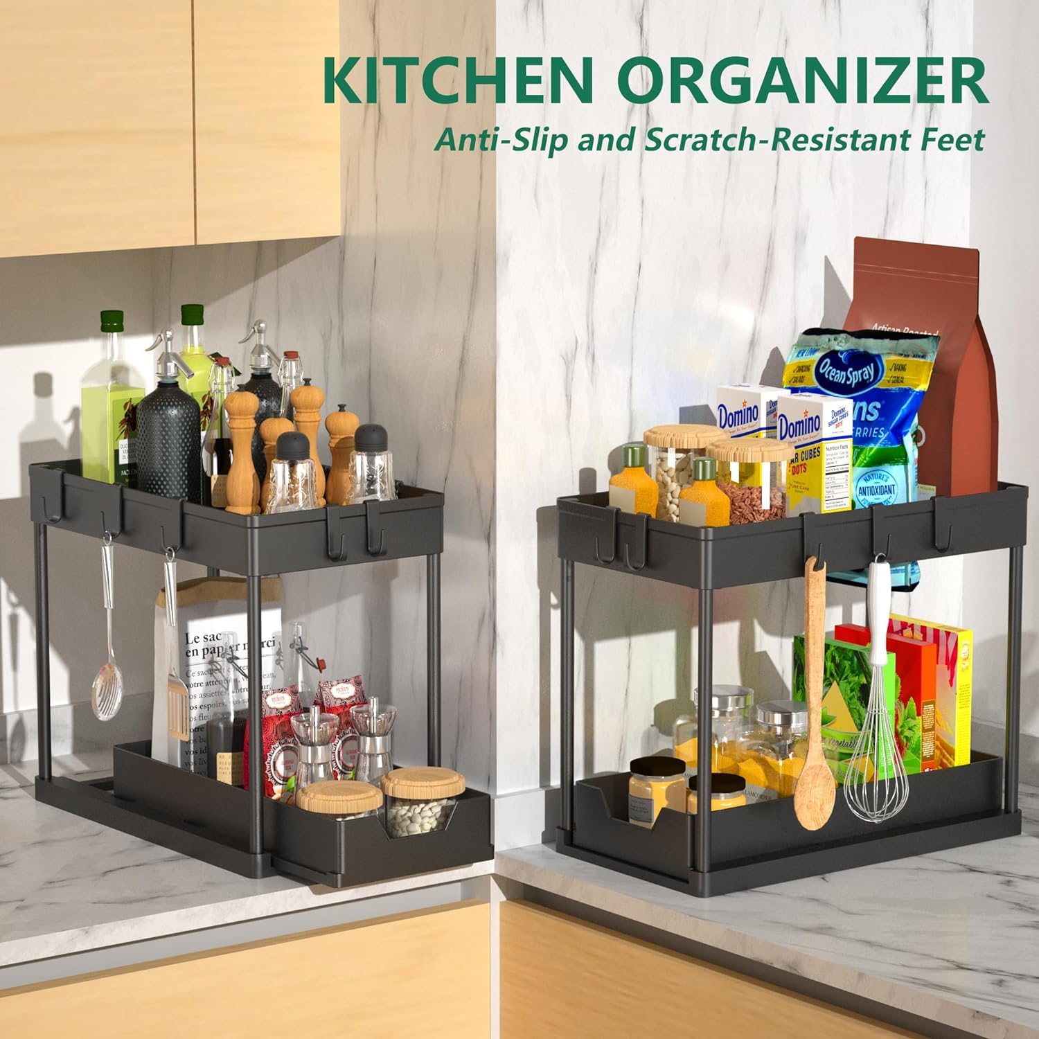 mosala Under Sink Organizers and Storage 2 Pack - 2 Tier Sliding Bathroom Cabinet Organizer with Hooks - Multi-Purpose Under The Sink Organizer Kitchen - Black