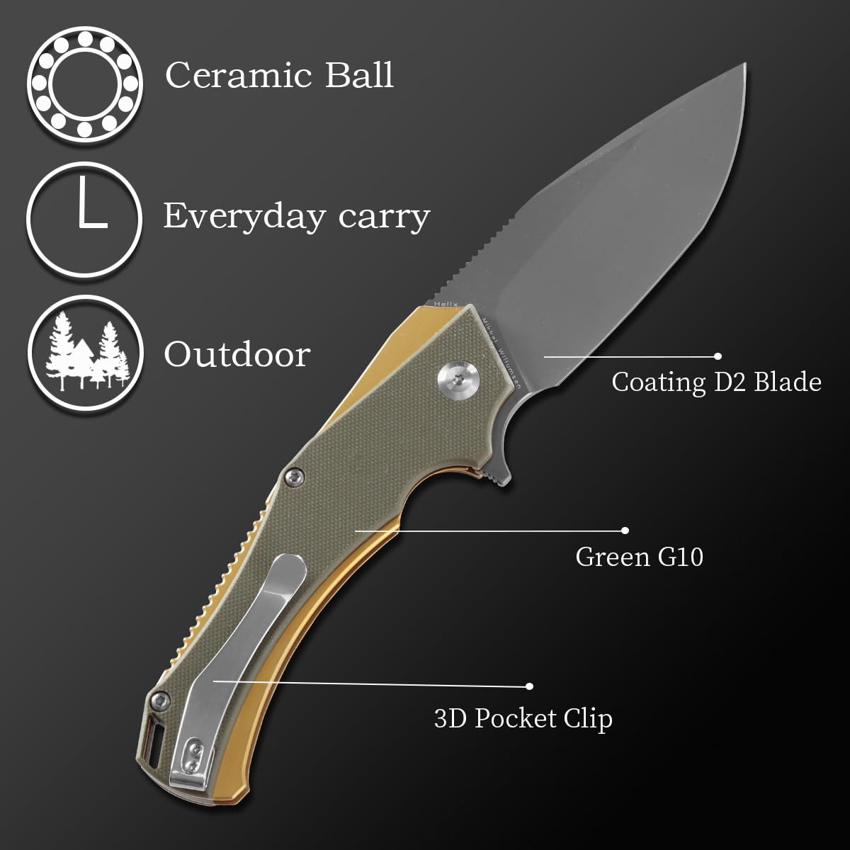 KANSEPT Outdoor Camping Pocket Knives Hellx 8.9in Folding Knife with 3.6in Black Stonewashed D2 Blade Purple G10 Handle Heavy Duty Pocket Tactical Knives for Men T1008A6