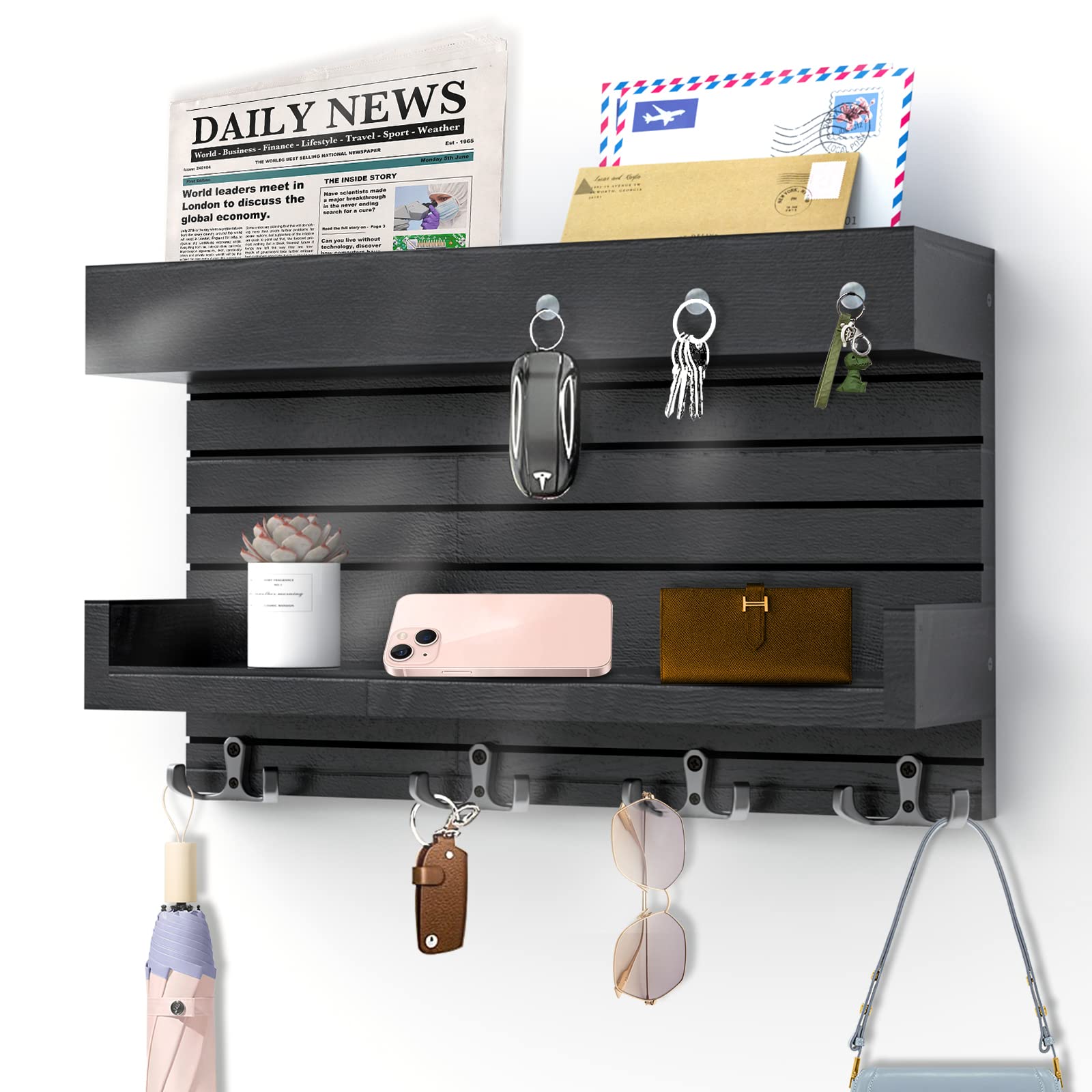 Key Holder for Wall Decorative Wall Mounted Mail Holder with 4 Key Hooks, Wooden Key Rack Mail Sorter Organizer, Double Shelf Key Hanger Mail Key Organizer, Rustic Home Decor for Entryway Hallway