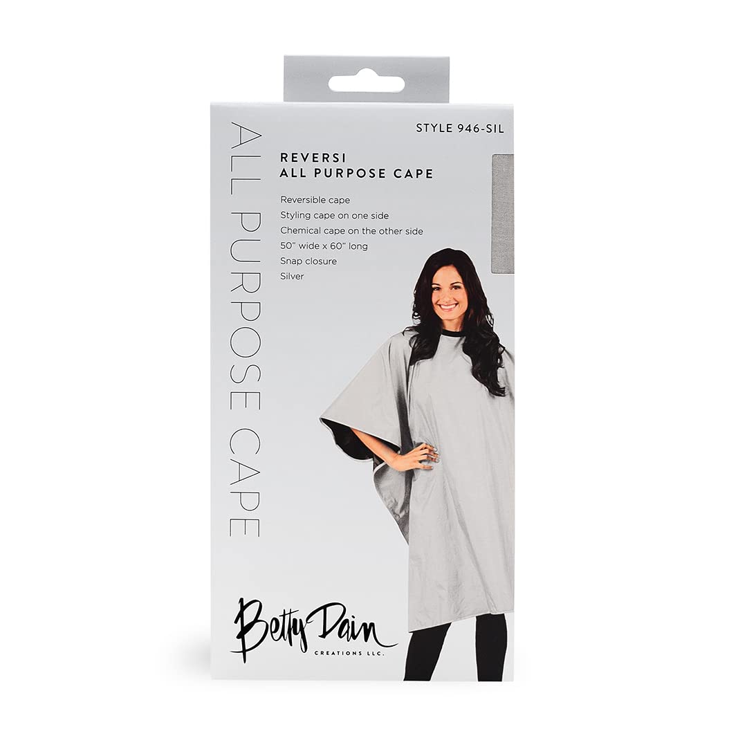Betty Dain Reversi Reversible Coloring/Styling Cape, Two-Sided Cape, Black Side Has Chemical Proof Finish for Processing, Snap Closure at Neck, 50 x 60 Inches, Silver/Black
