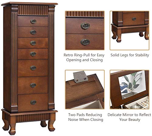 HOMGX Cabinet Chest, Makeup Mirror and Top Divided Storage Organizer, Large Standing Jewelry Armoire with 7 Drawers, 2 Swing Doors, 12 Necklace Hooks