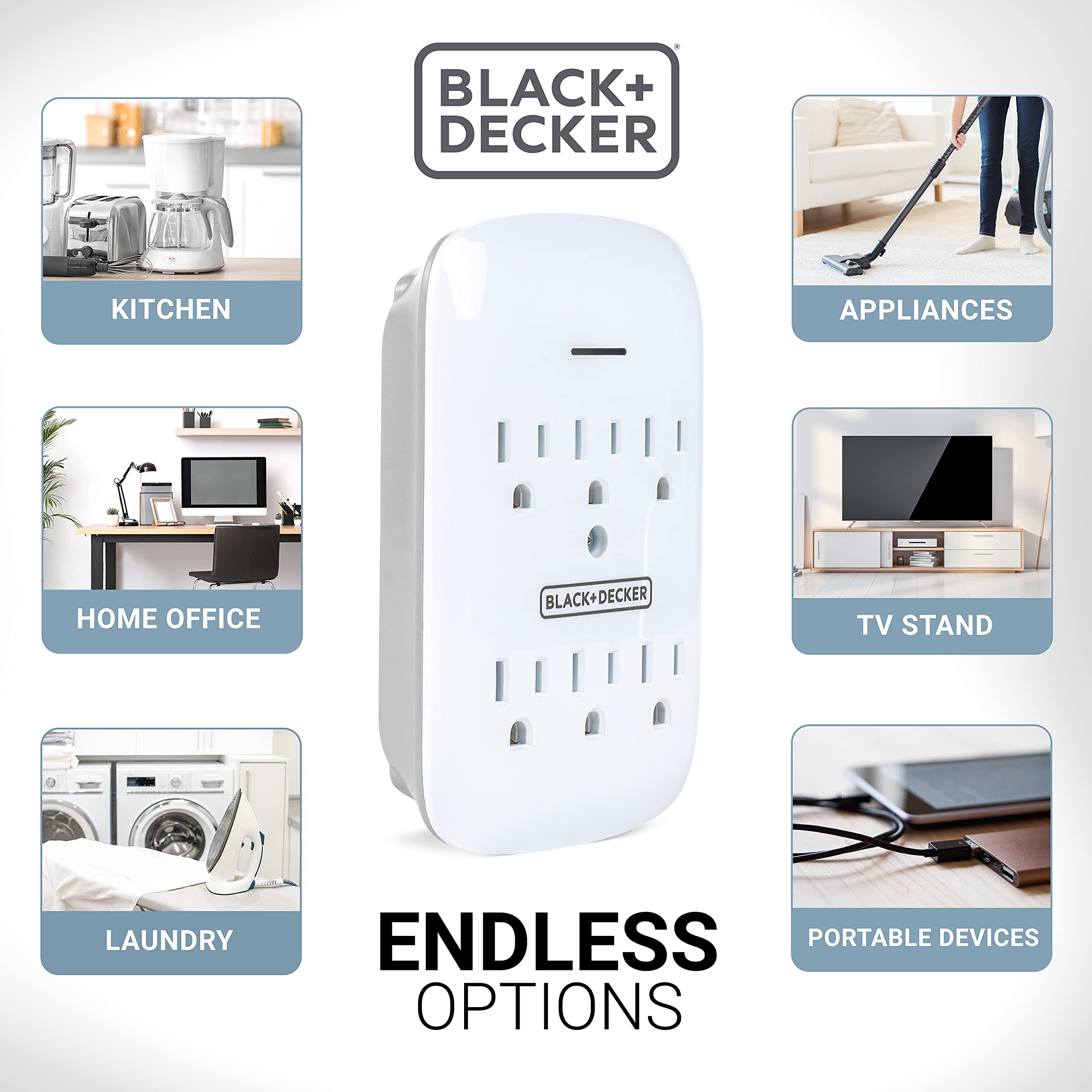 BLACK+DECKER Surge Protector Wall Mount with 6 Grounded Outlets, 2 Pack, White - Compact Power Adapter Tap with Indicator Light, Automatic Shutdown - 3-Prong Power Outlet Plug for Bathroom, Bedroom